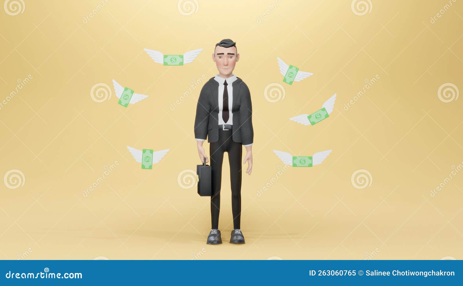 3d Render. Businessman Fail and Money Flying Stock Illustration ...