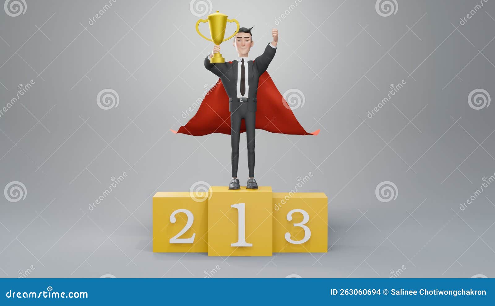 3d Render Businessman Proudly Standing On The Winning Podium Holding