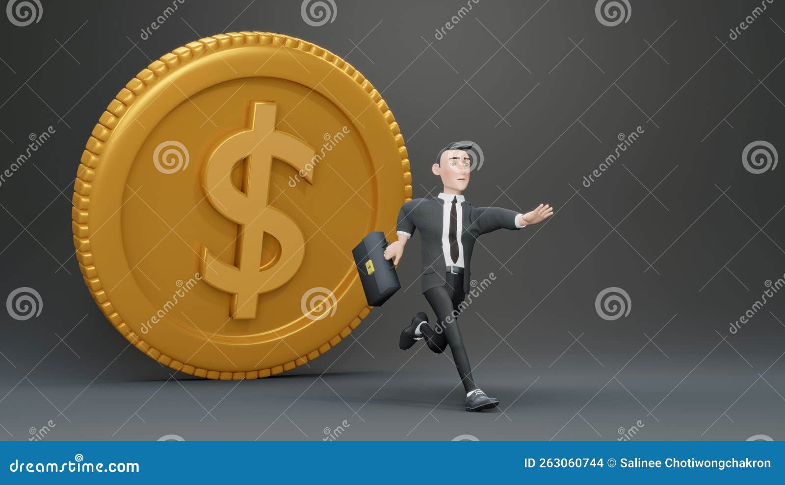 3d Render. Businessman Running Away from Falling Dollar Coin Stock ...