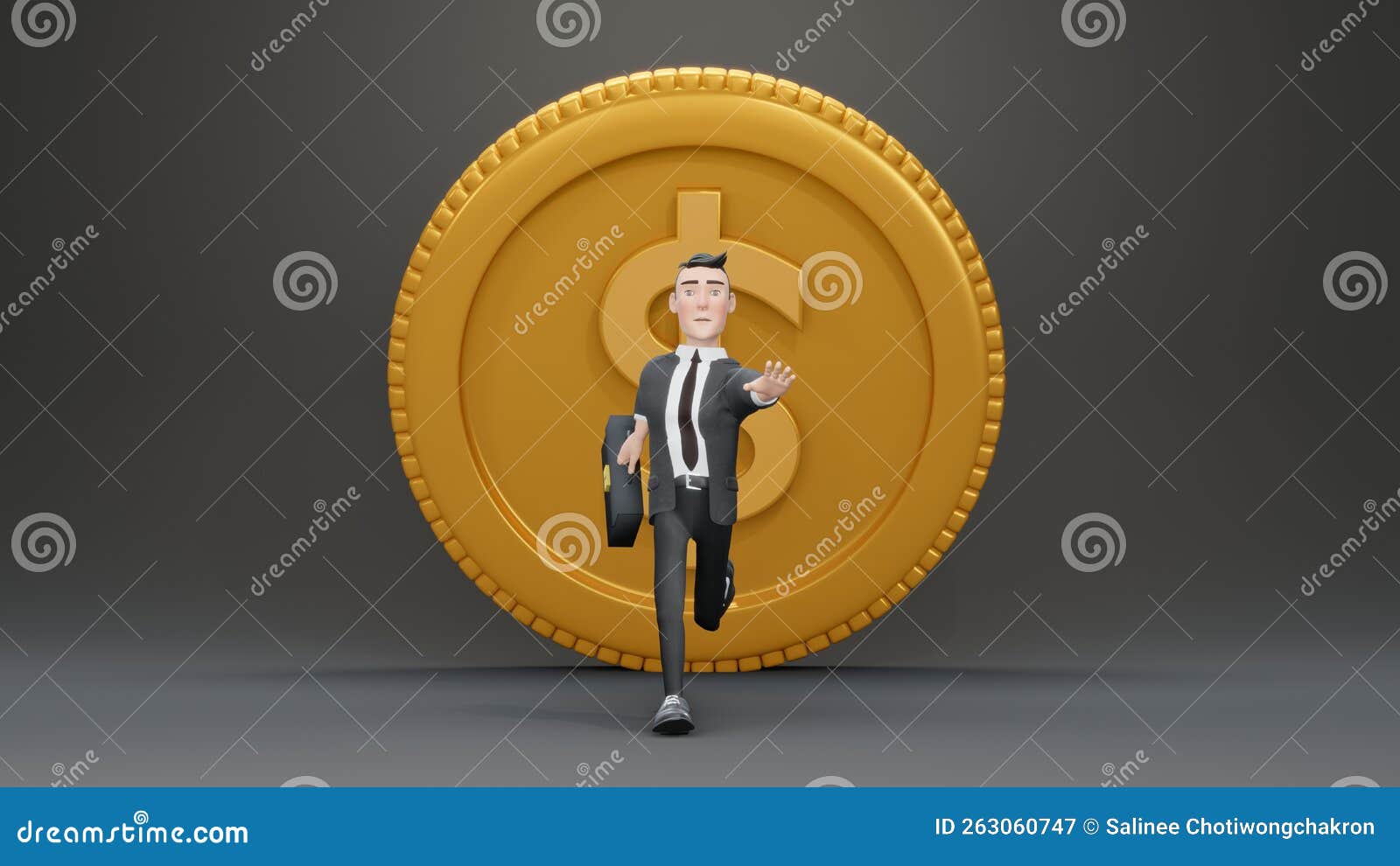 3d Render. Businessman Running Away from Falling Dollar Coin Stock ...