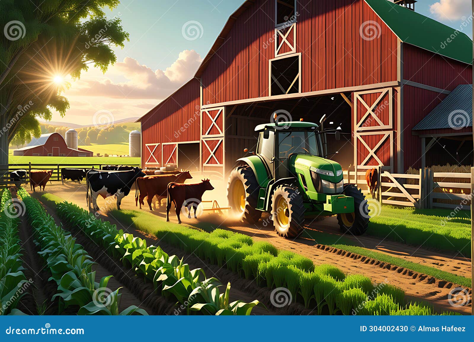 3D Render of a Bustling Farm Life Scene: Cows Grazing in Emerald Green ...