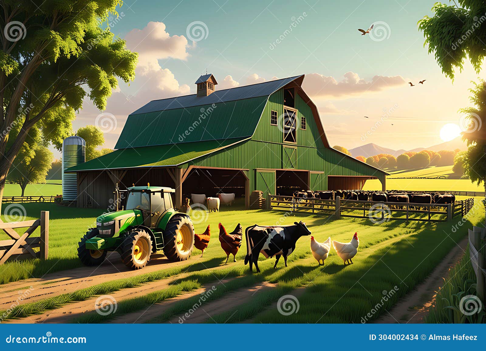 3D Render of a Bustling Farm Life Scene: Cows Grazing in Emerald Green ...