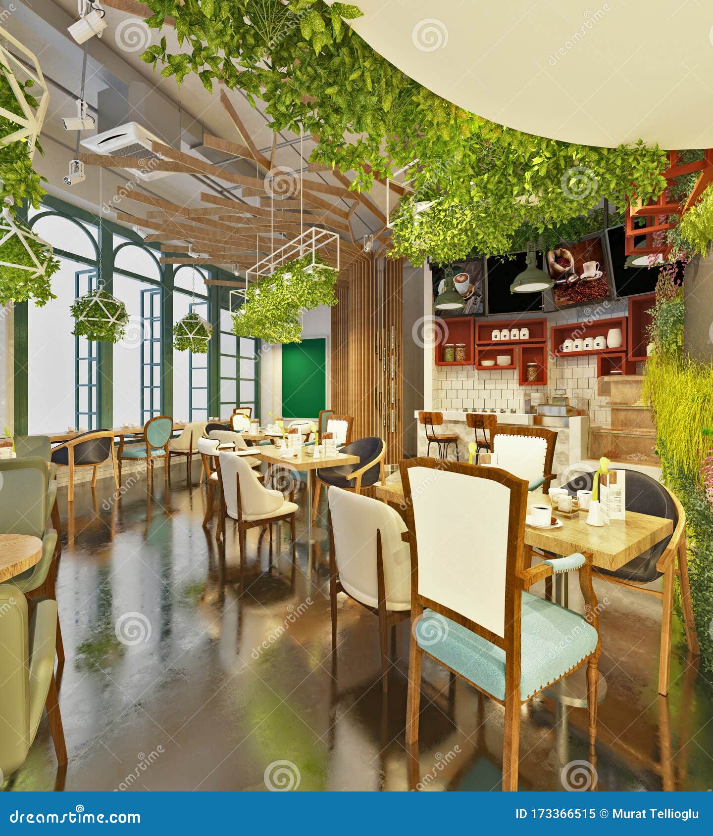 3d render of cafe interior stock illustration. Illustration of modern ...