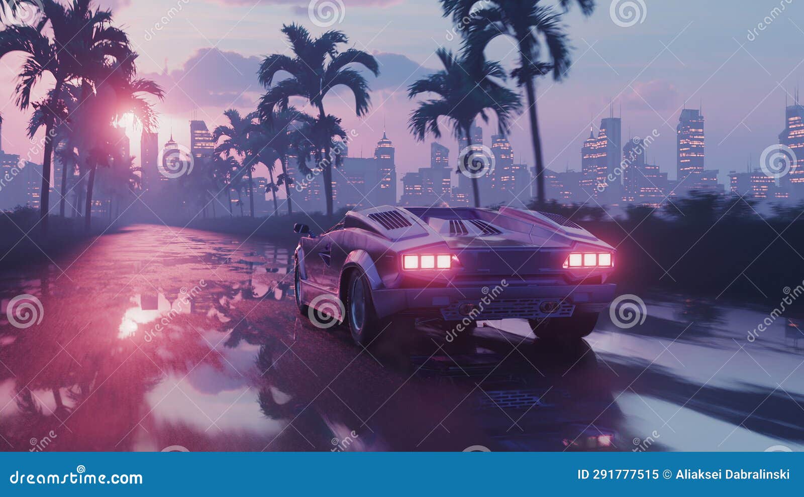 3d Render Car Driving on Wet Asphalt in Retro Style at Sunset Stock ...