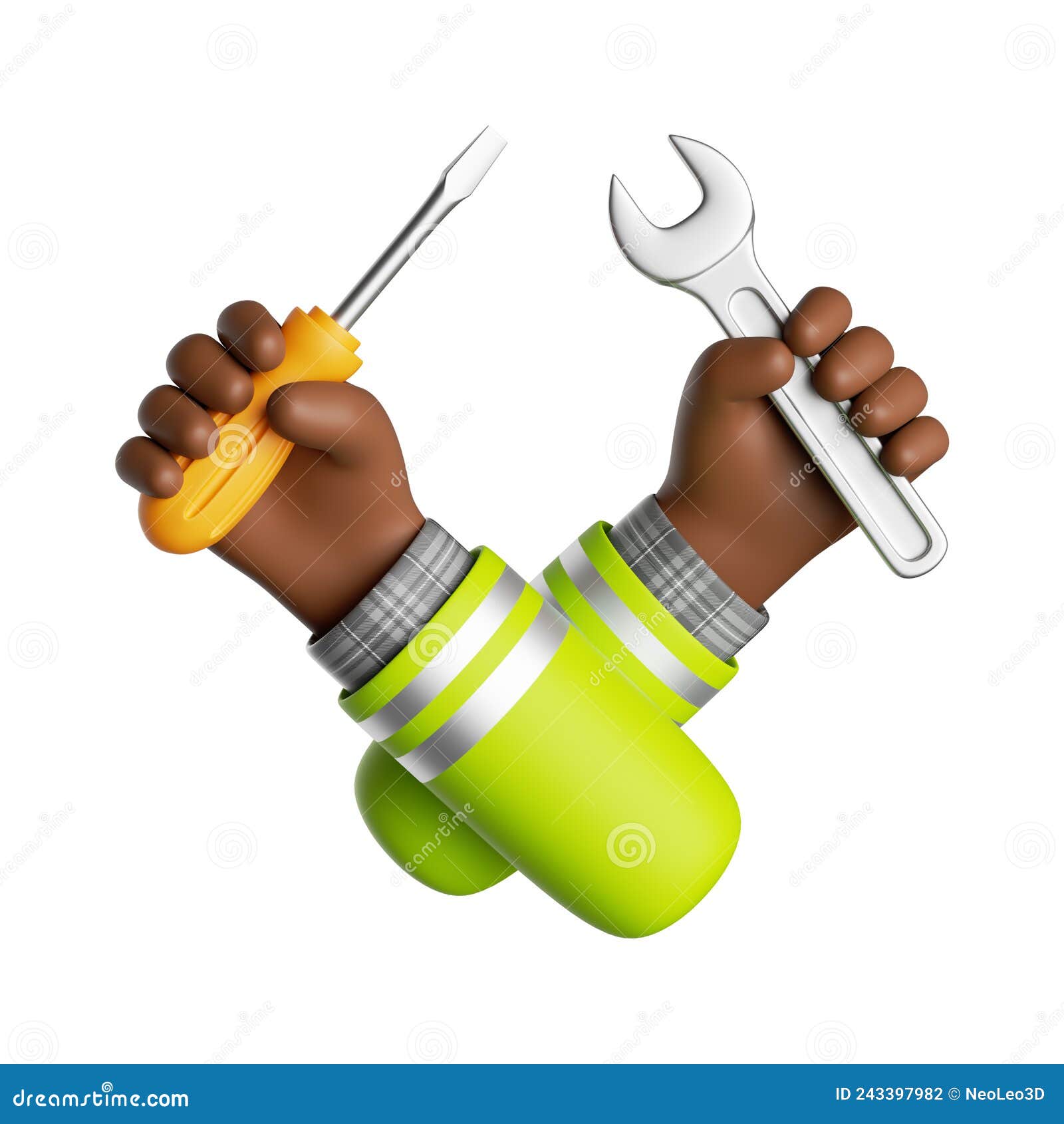 3d Render, Cartoon African Human Hands Hold Screwdriver and Spanner ...
