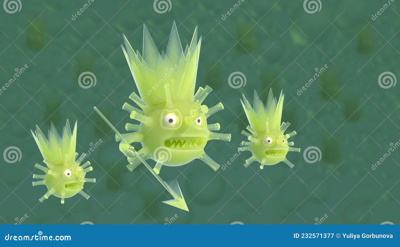 3d Render of Cartoon Angry Coronavirus. Green Microbes. Stock ...