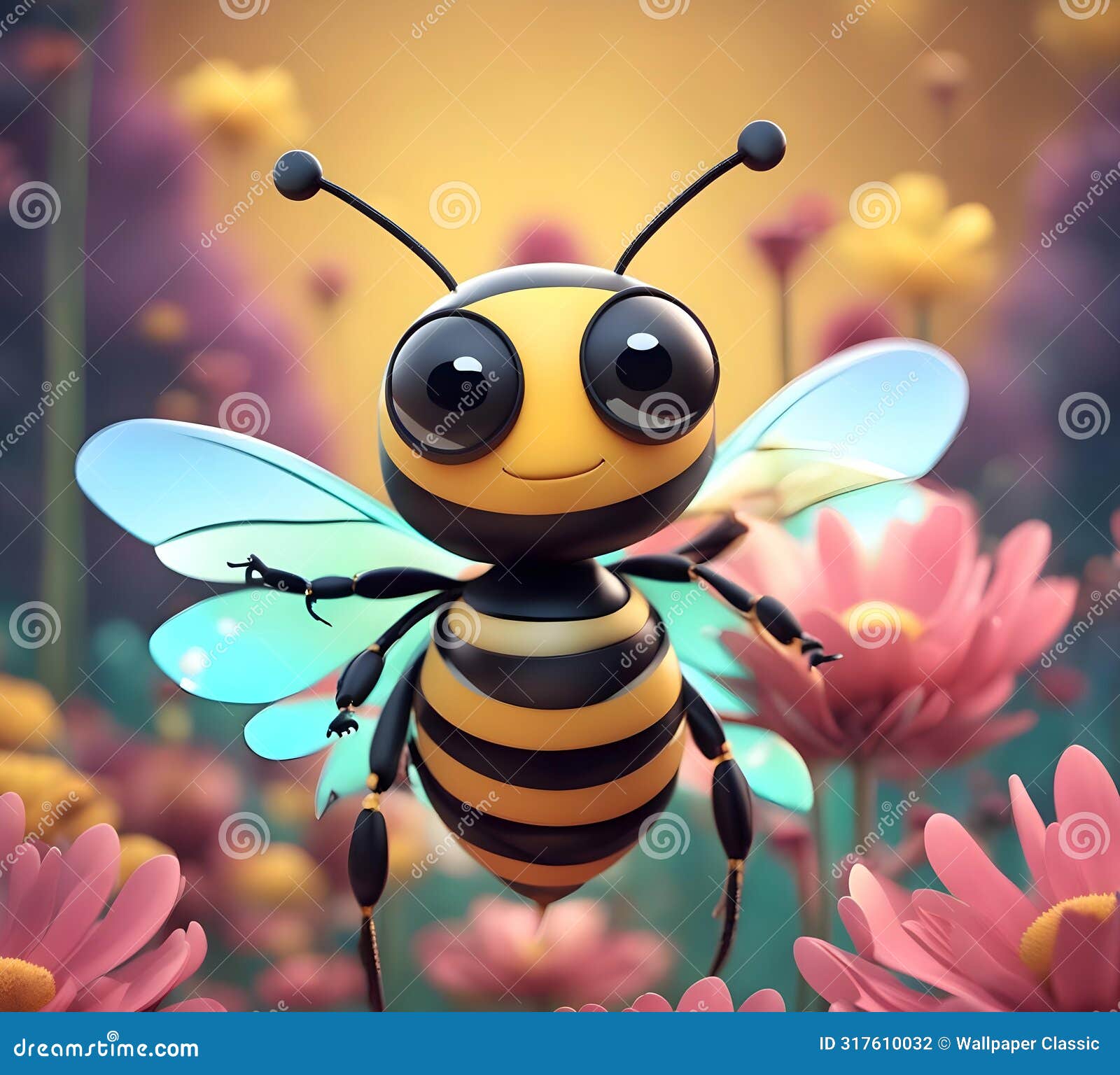 3d Render Cartoon Character Bee Flowers Ai Generator Stock Illustration ...