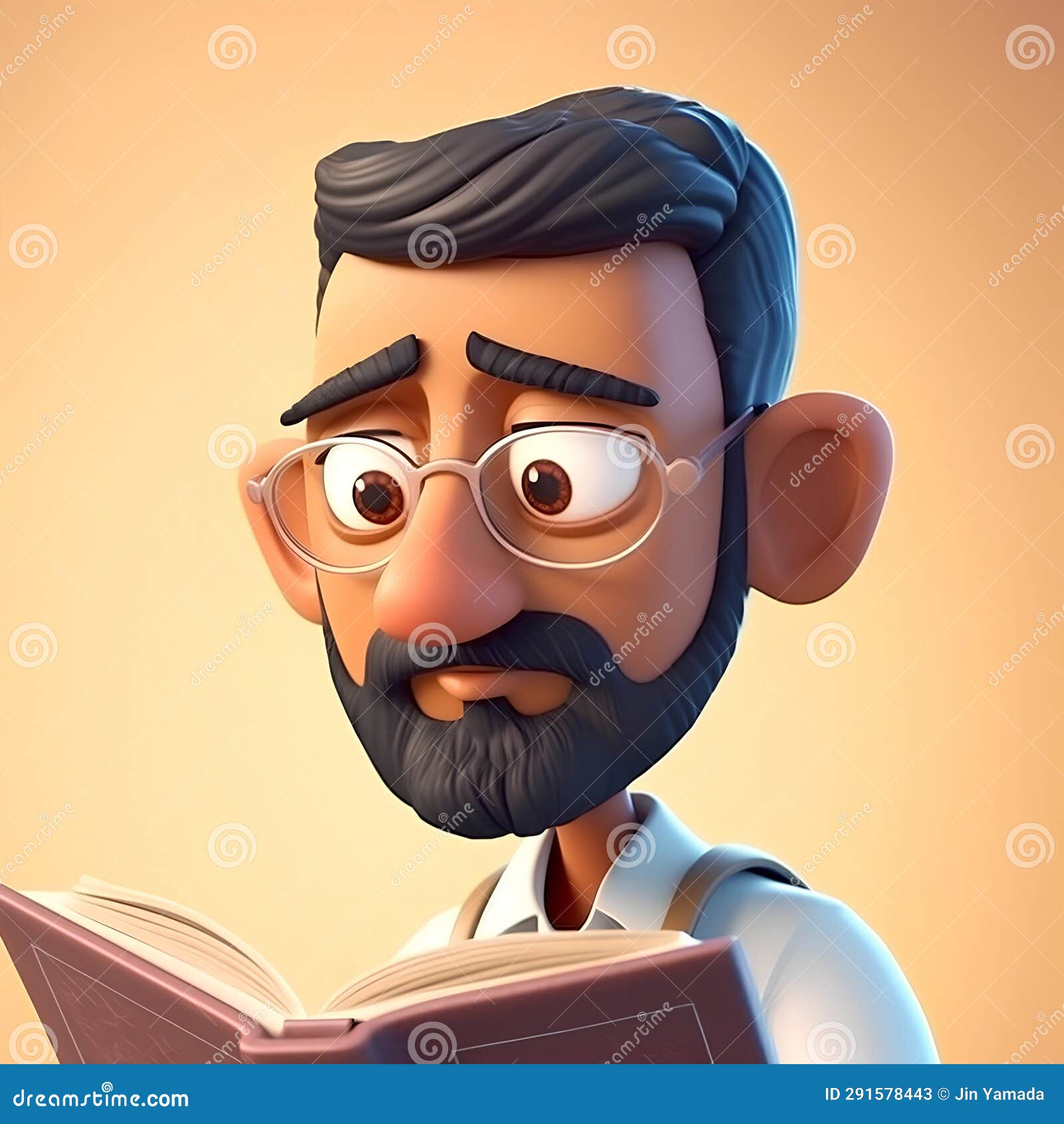 3D Render of a Cartoon Character Reading a Book with Eyeglasses Stock ...