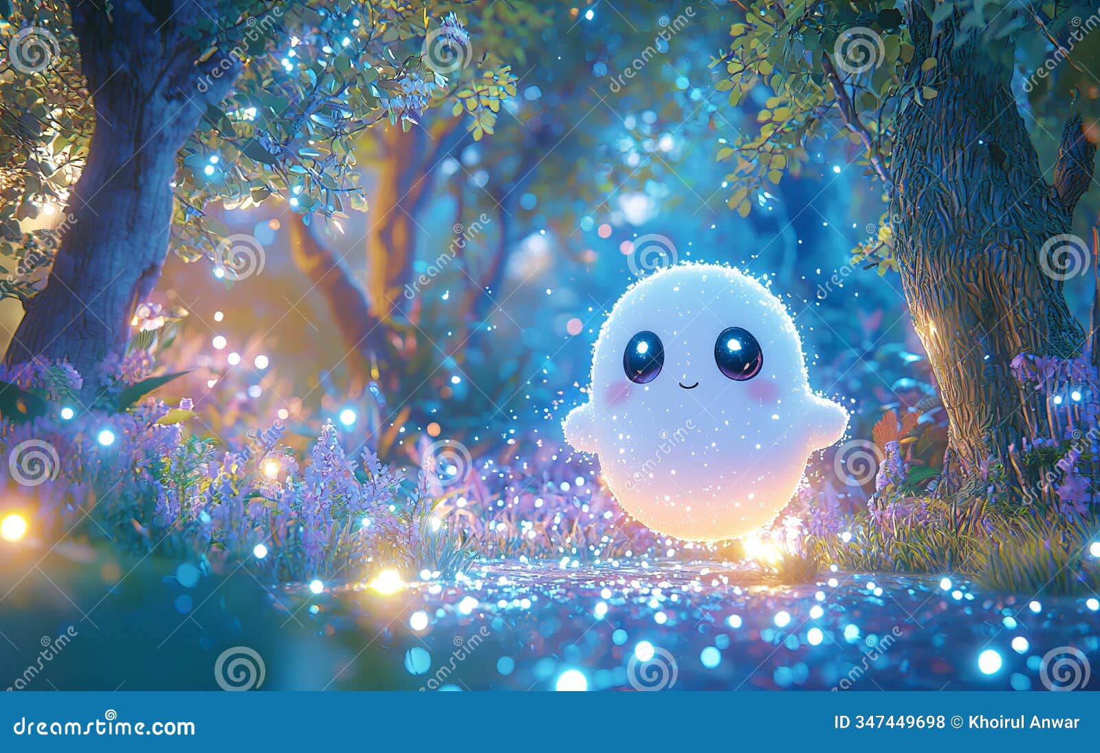 Cute Cartoon Ghost in a Magical Forest 3D Render with Glowing Lights ...