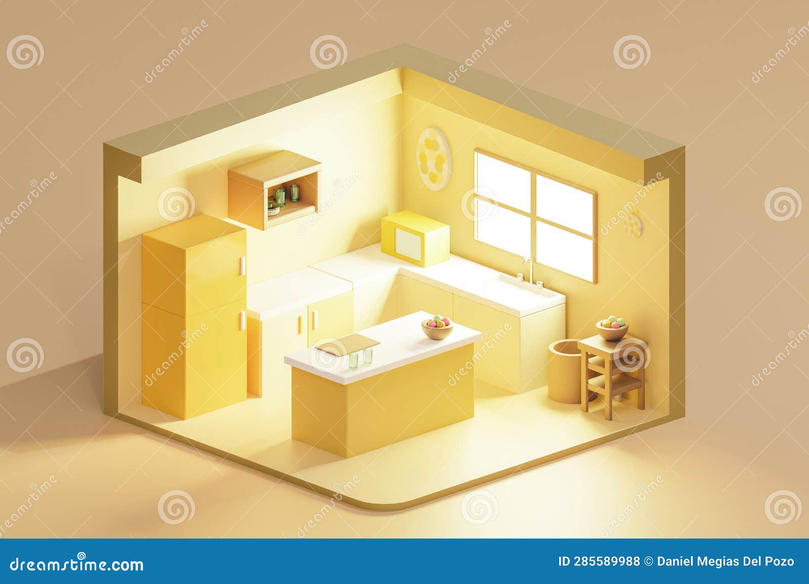 3D Render of Cartoon Low Poly Yellow Kitchen with Window. Isometric ...