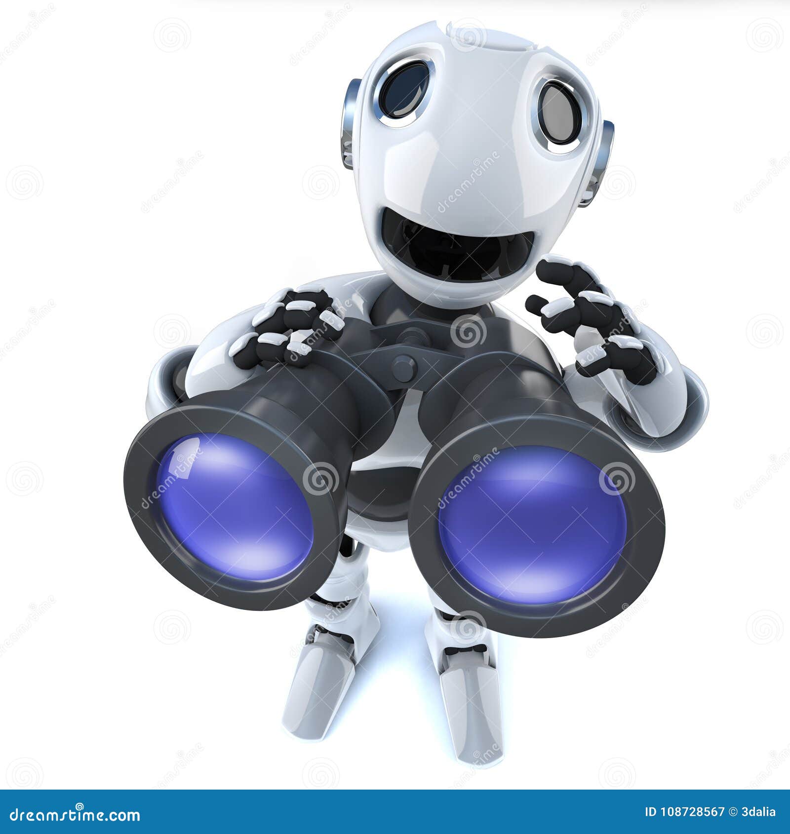 3d Cartoon Robot Man Using a Pair of Binoculars Stock Illustration ...