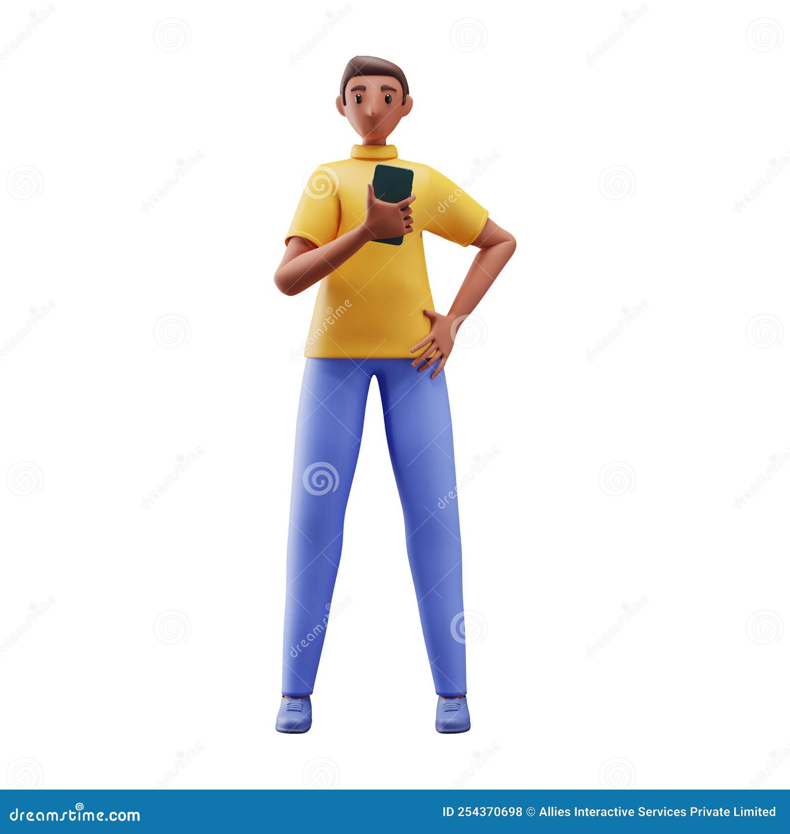 3d Render Of Cartoon Young Man Holding Smartphone In Standing Stock