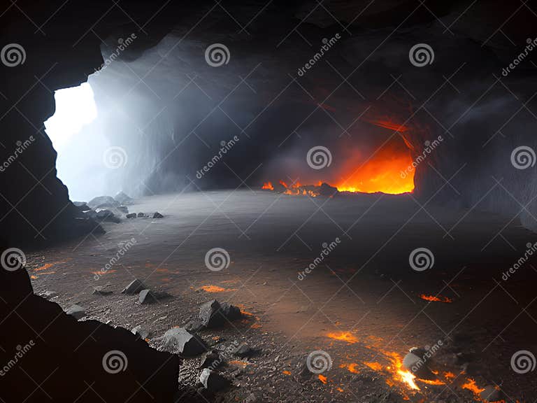 3d Render of a Cave with a Burning Fire Stock Illustration ...