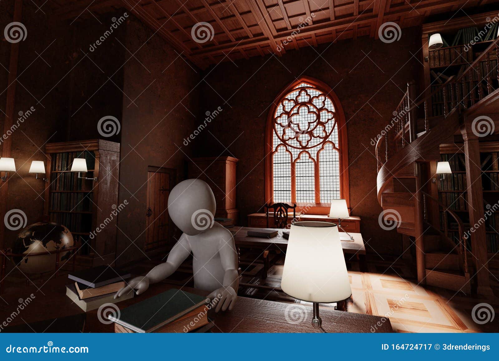 Render of Character in Old Library Stock Illustration - Illustration of ...