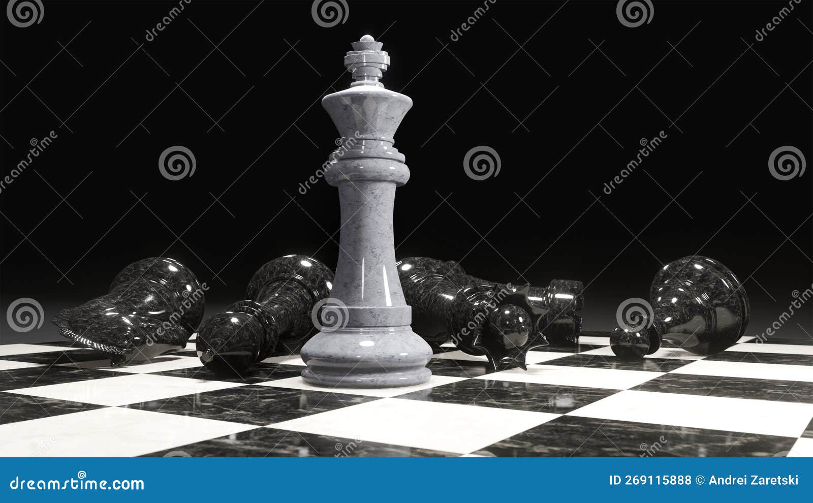 3D Render of a Chess King Surrounded by Lying Black Chess Pieces ...