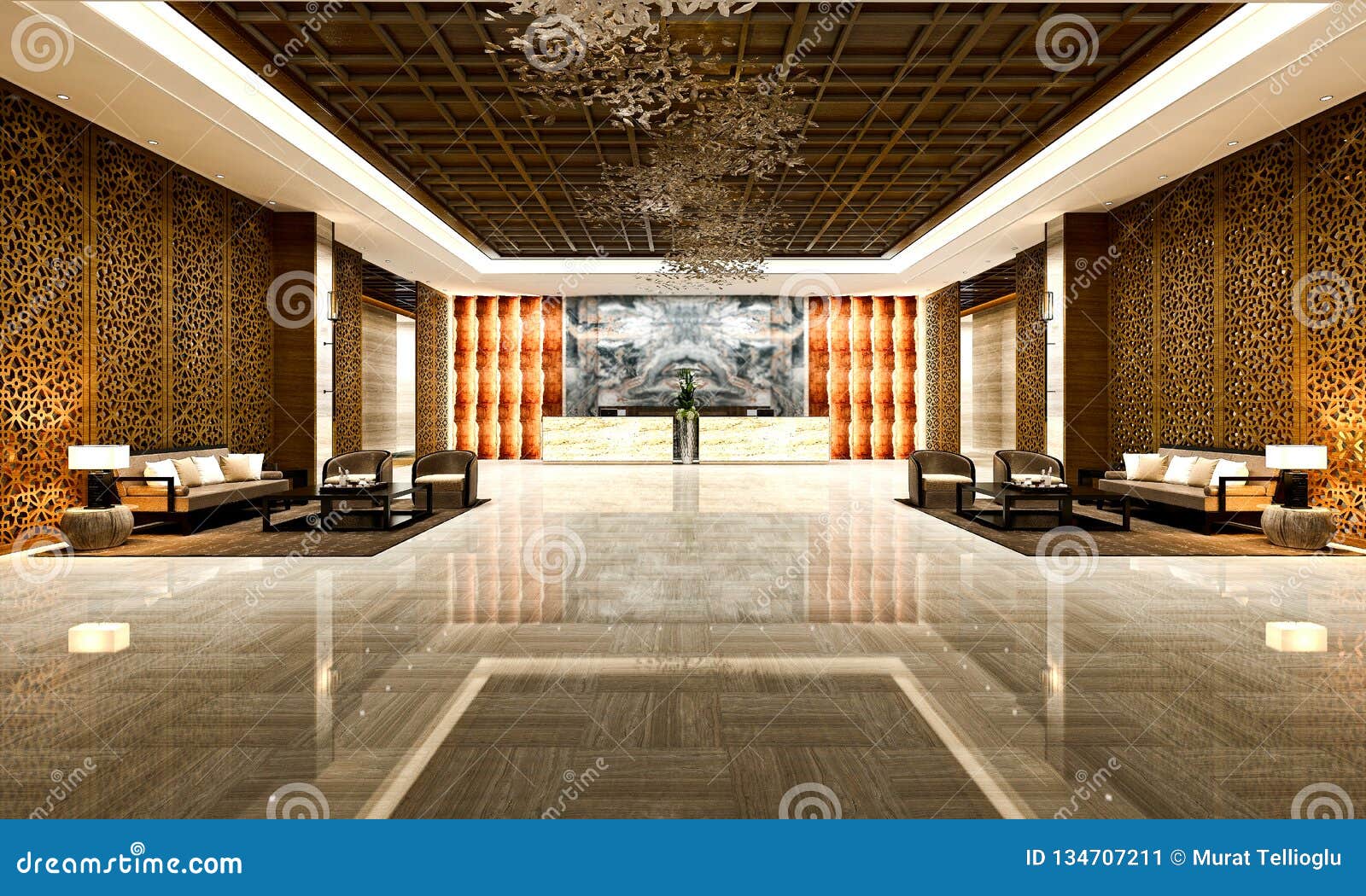 3d Render Chinese Hotel Lobby Stock Illustration - Illustration of ...