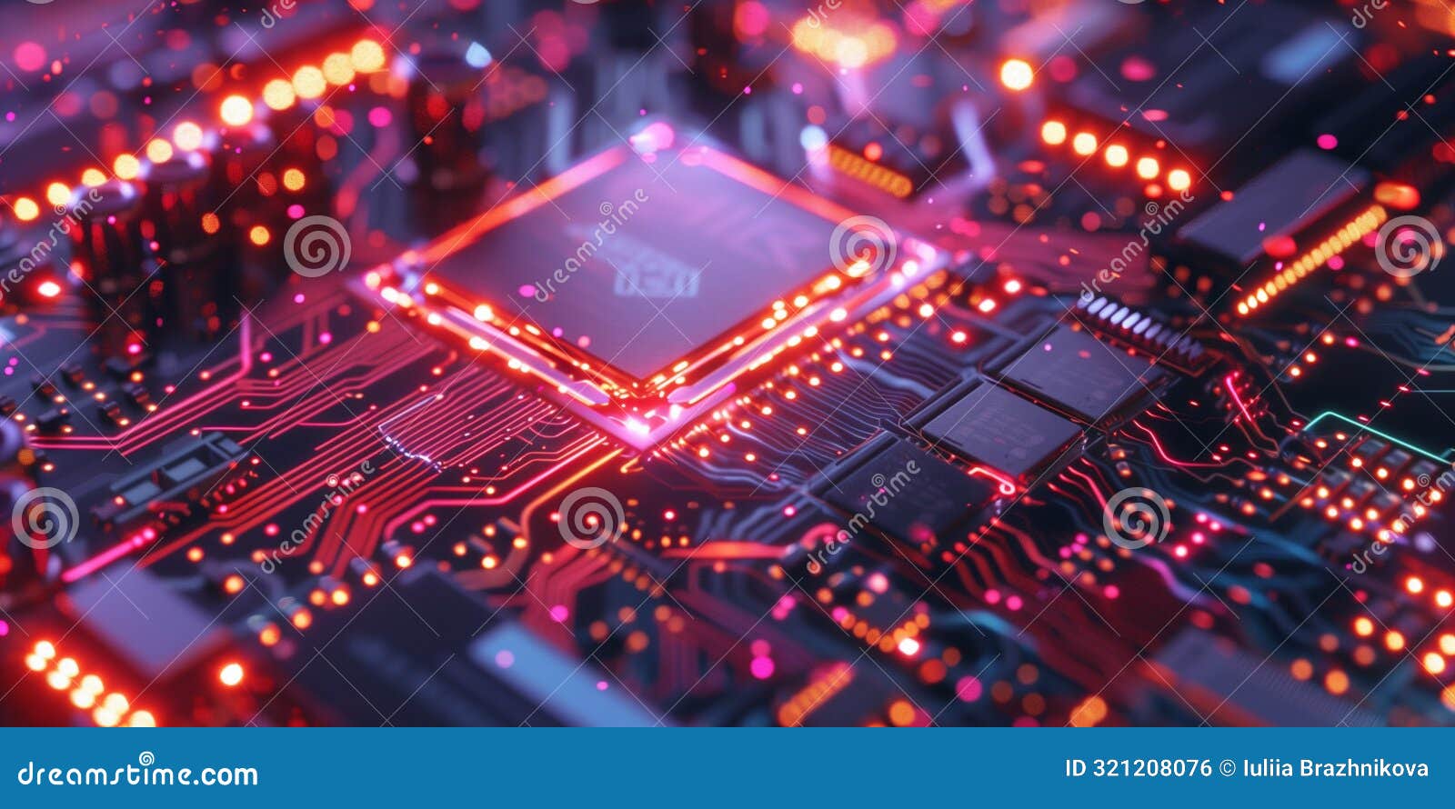 3D Render of a Chip on a Circuit Board with Glowing Red Lights Stock ...