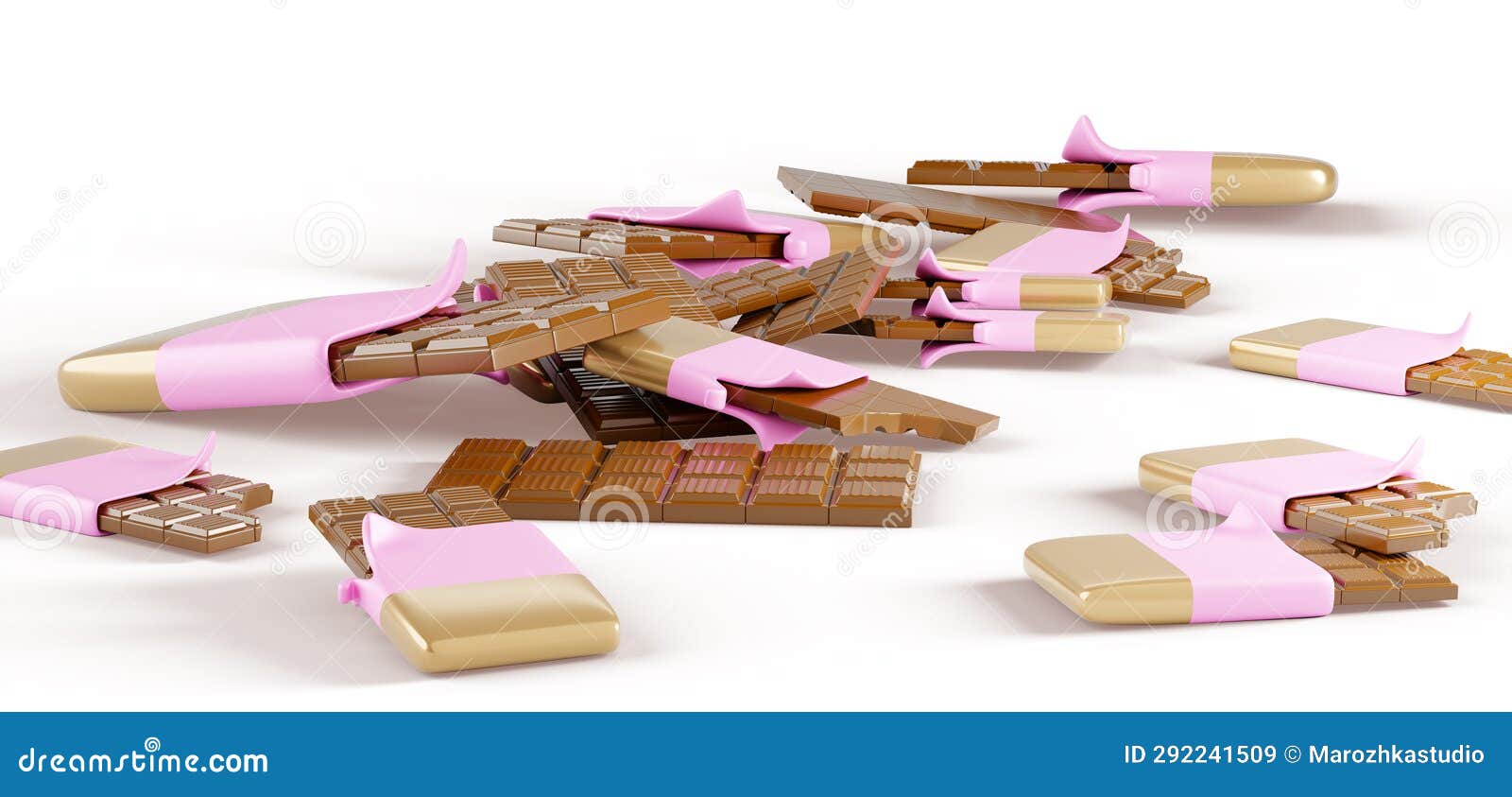 3d Render Chocolate Bars Scattered on White Surface Background. Whole ...