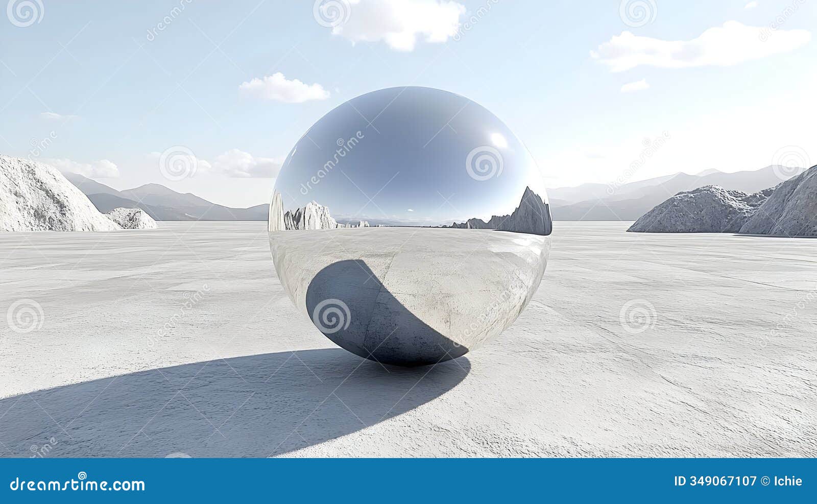 3D Render of a Chrome Sphere on a White Desert Landscape Stock ...