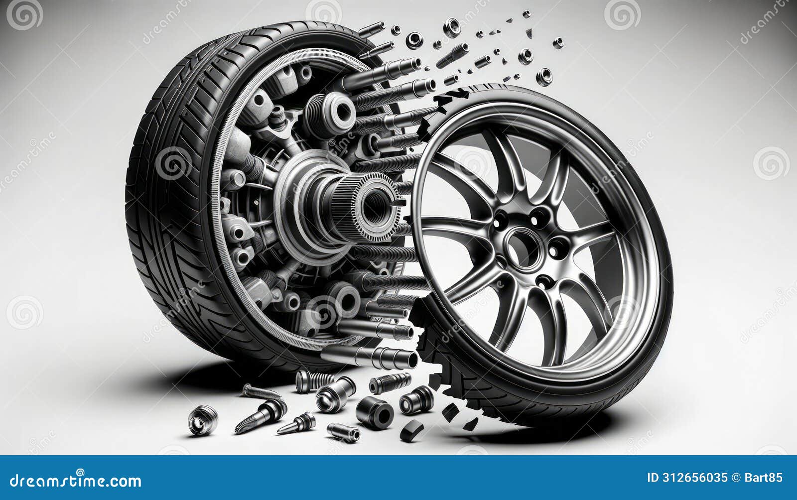 3D Render of a Classic Wheel Breaking Apart with the Pieces ...