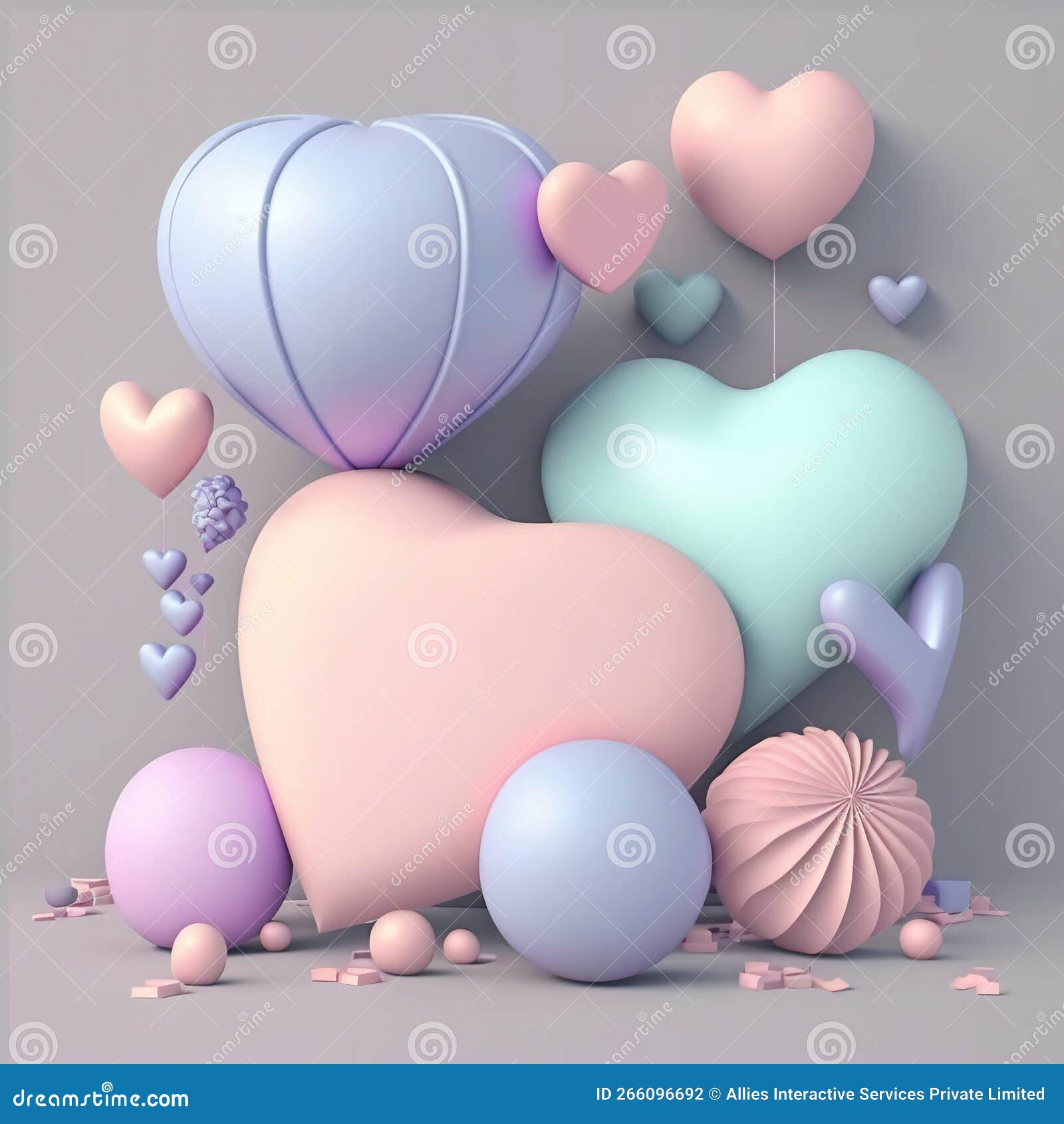 3D Render, Clay Modeling of Glossy Heart Shape Balloons and Abstract ...