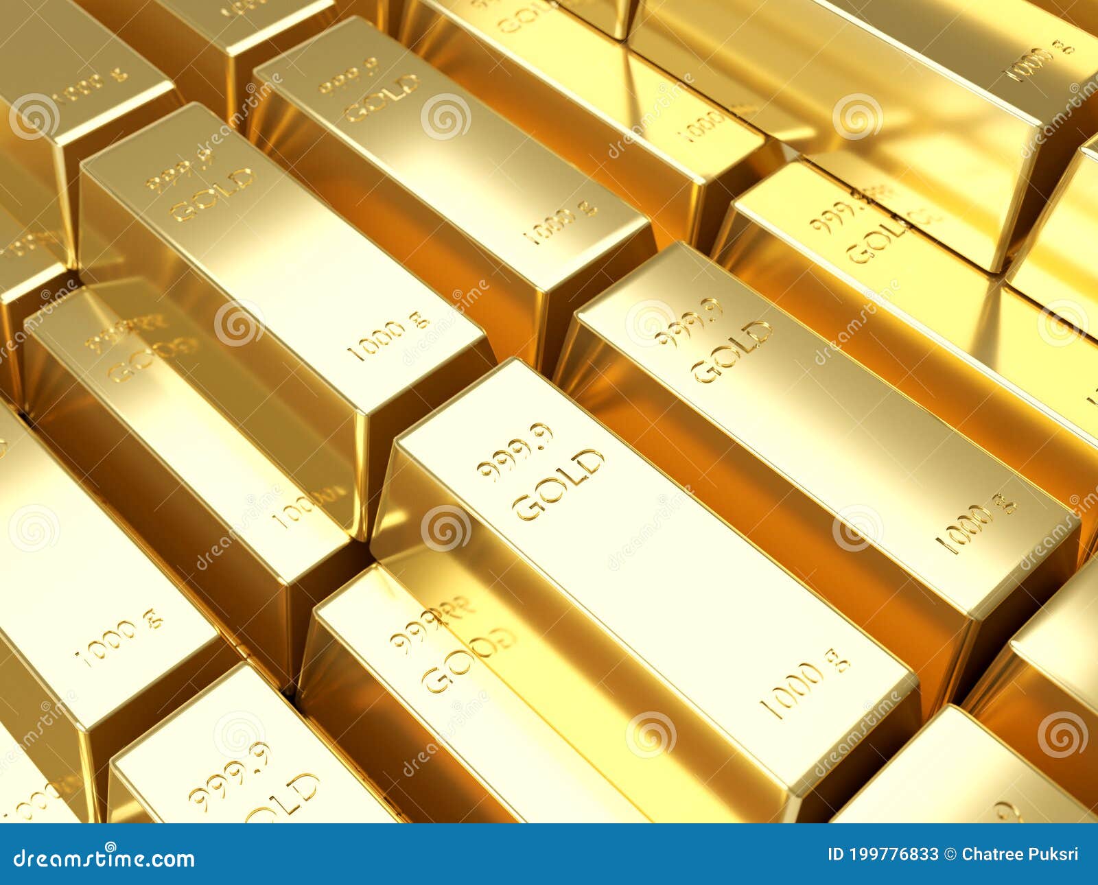 3D Render Close Up of Multiple Gold Bars Stock Illustration ...