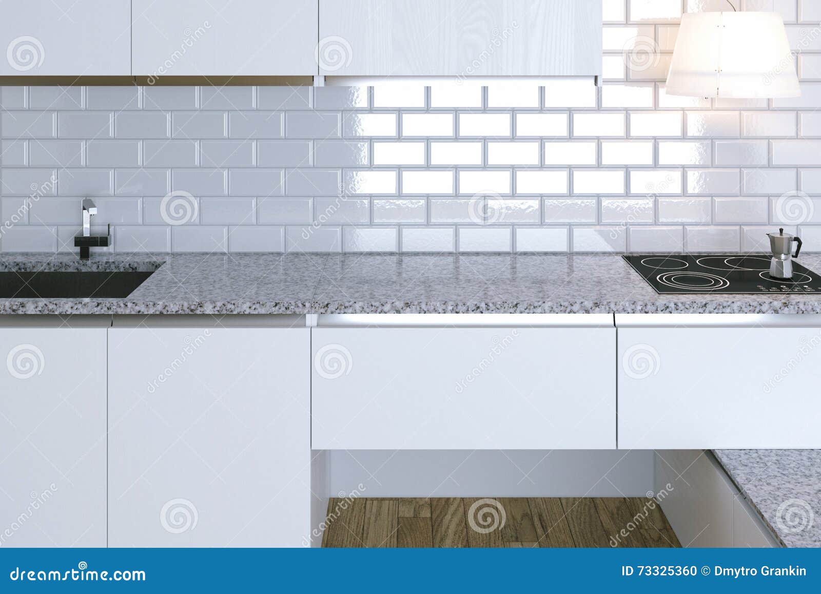 3D Render Close Up White Contemporary Kitchen in White Interior Stock ...