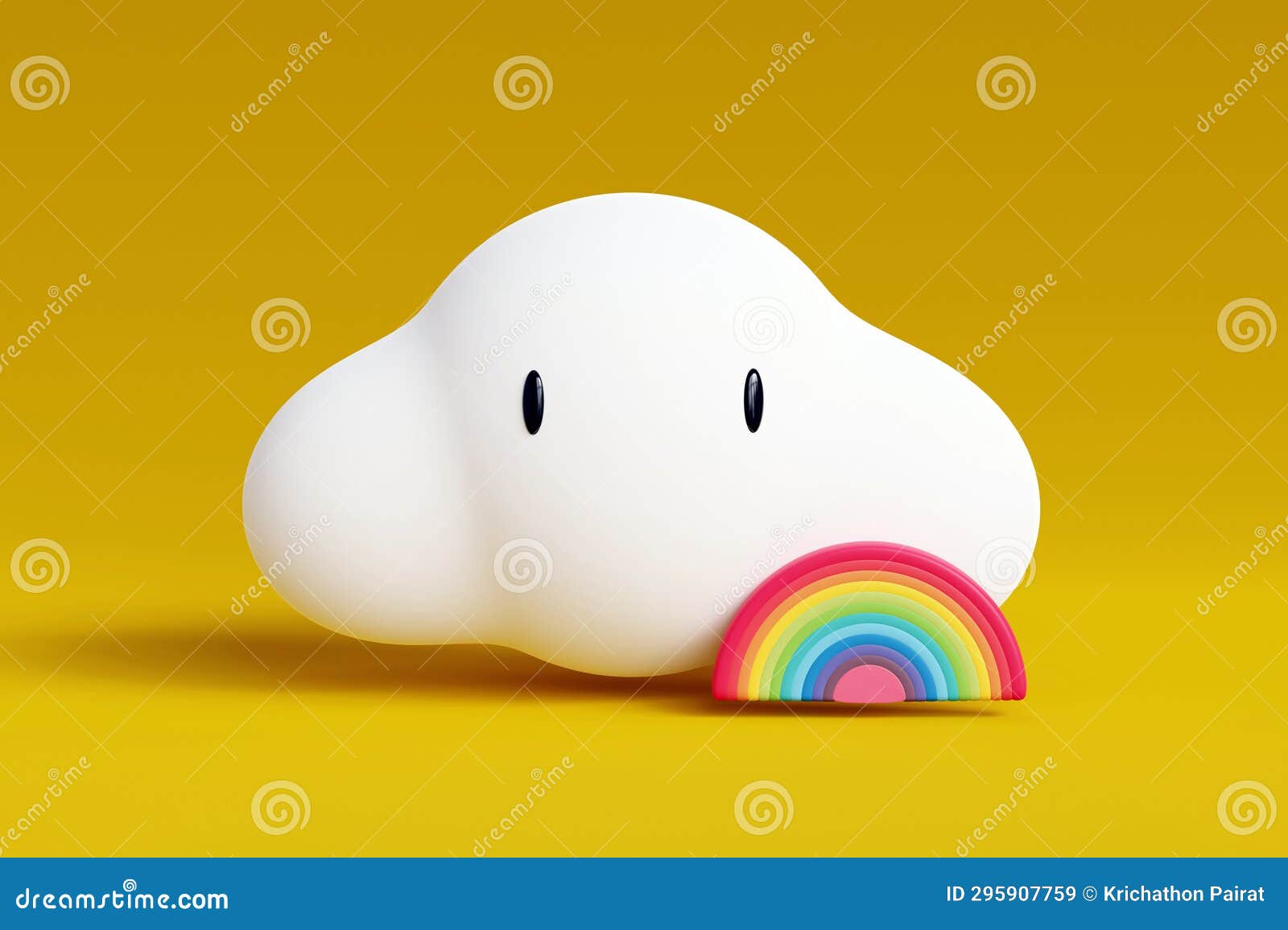 3D Render Cloud Icon and Rainbow in Cute Style on Yellow Background ...
