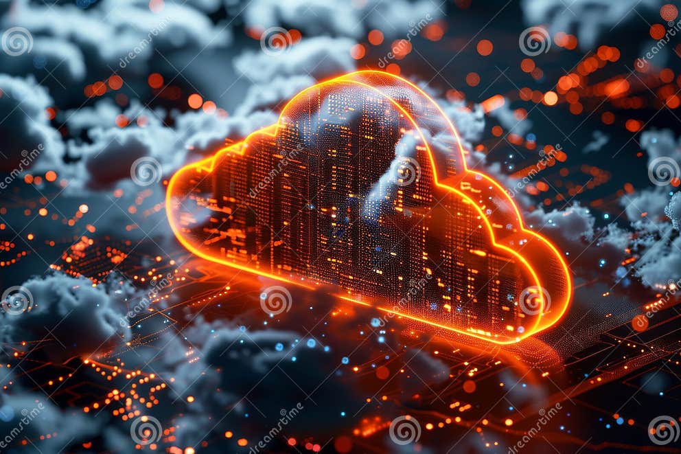 An 3D Render of Cloud with Multiple Devices Connected To it, Glowing ...