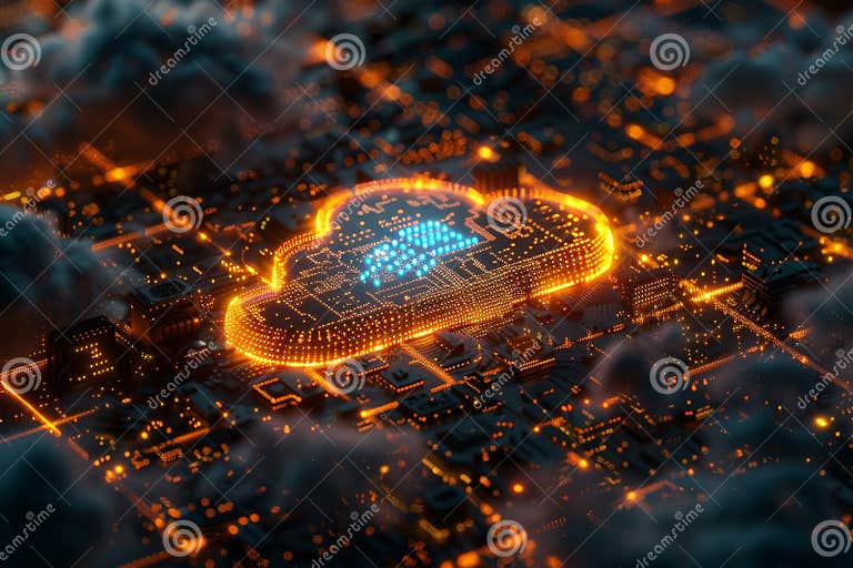 An 3D Render of Cloud with Multiple Devices Connected To it, Glowing ...