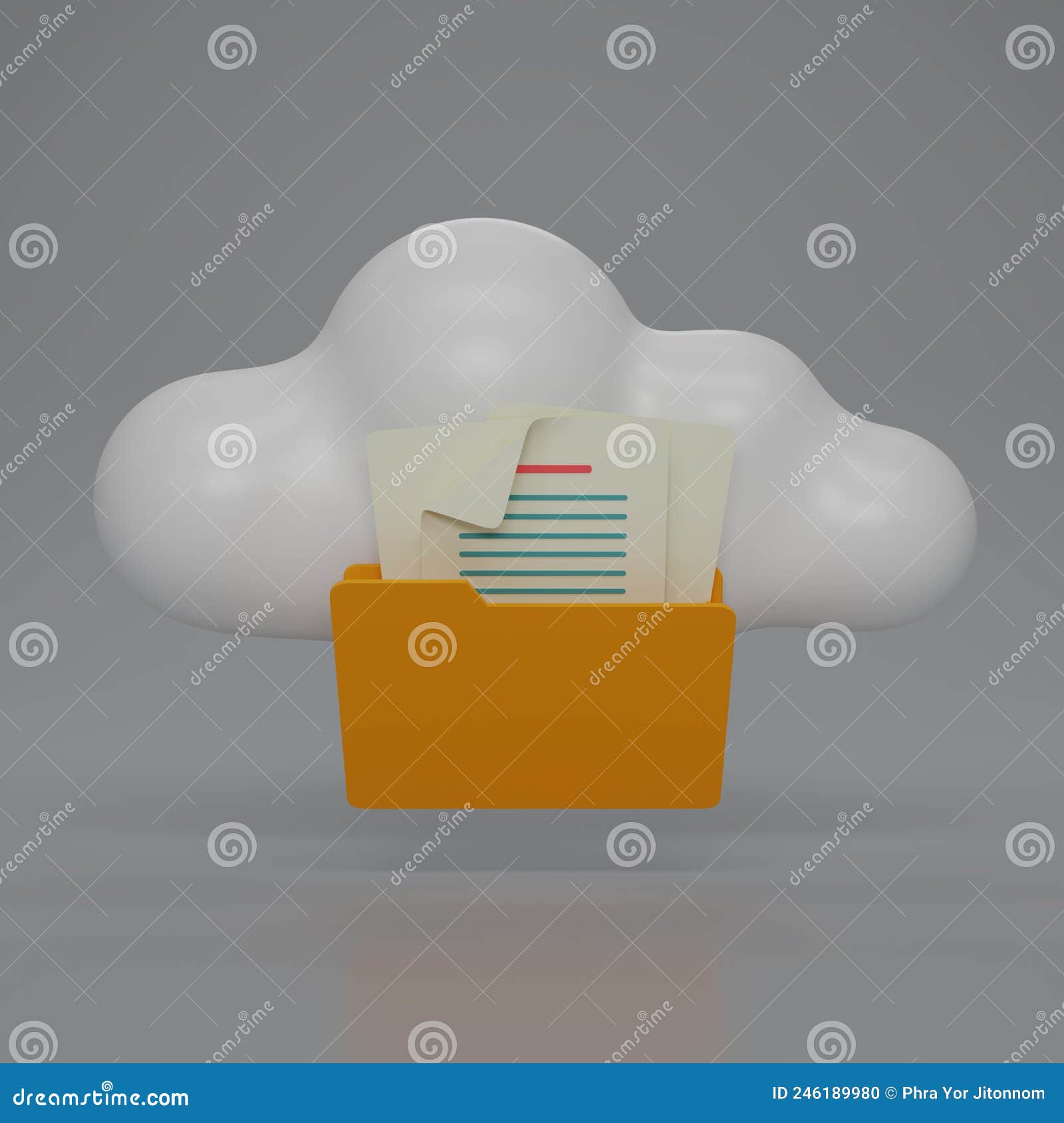 3D Render Cloud Storage with Folder Text Document Icon Isolate on Gray Background. Folder ...