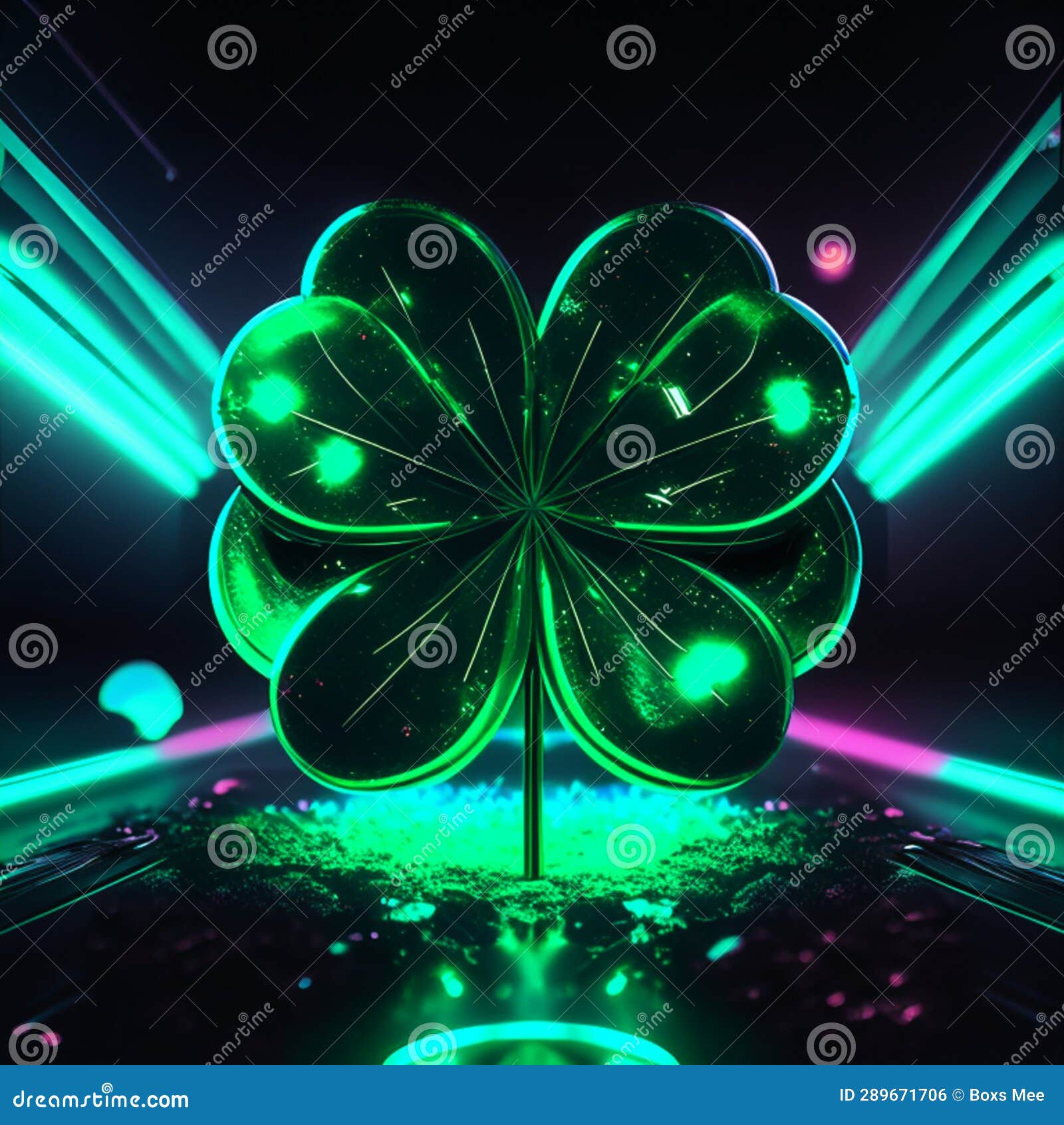 3D Render of a Clover on a Dark Background with Neon Lights Generative ...
