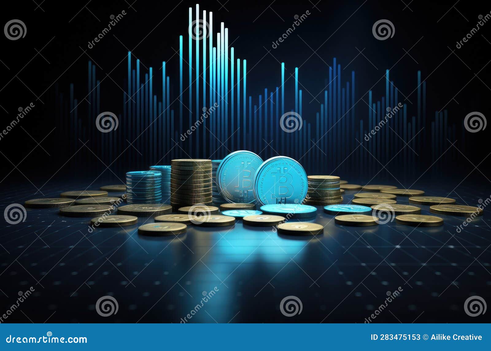 3d Render of Coins Stack with Blue Graph Chart on Dark Background Stock ...