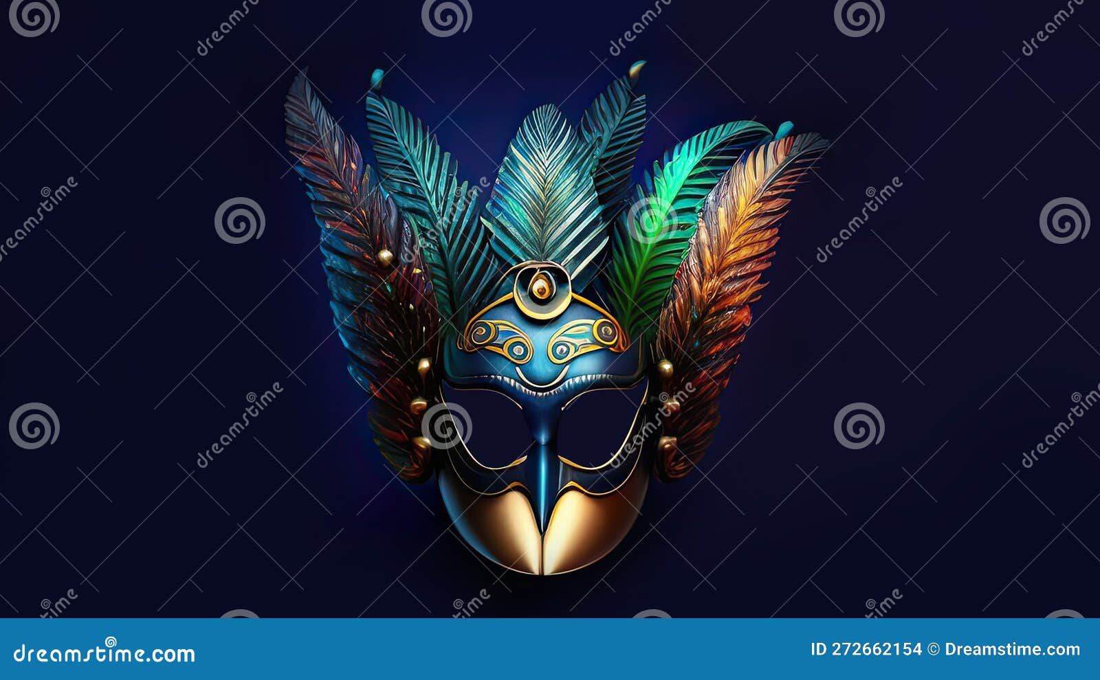 3D Render of Colorful Masquerade Mask with Feathers on Blue Background ...