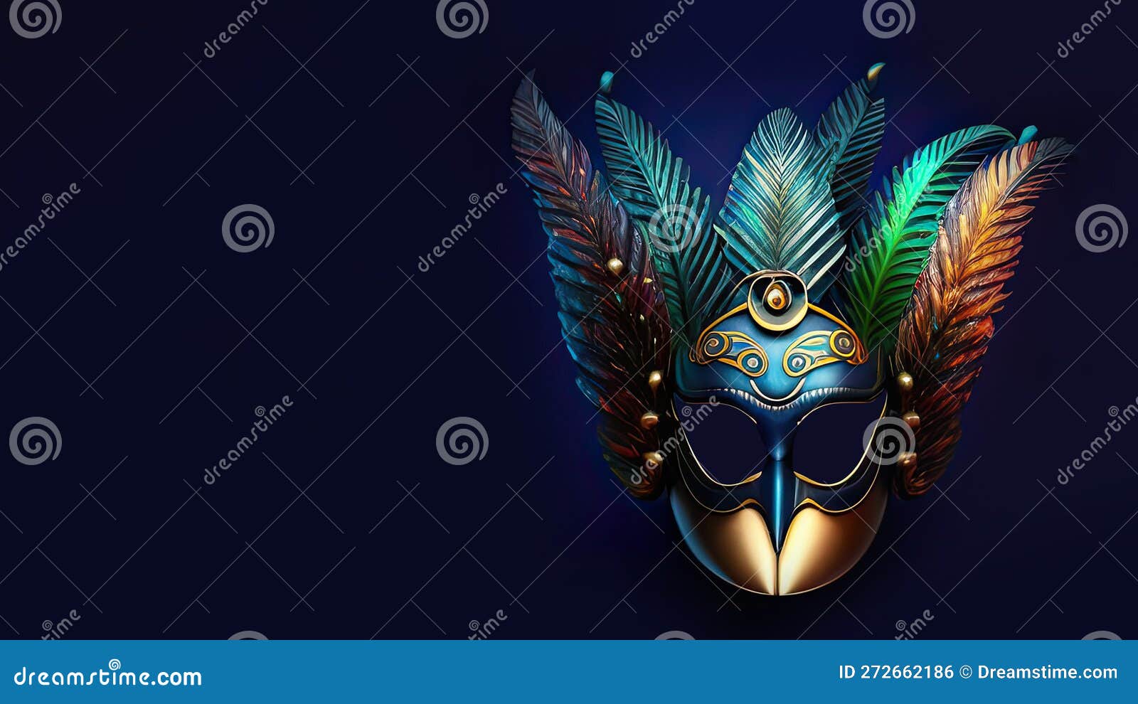 3D Render of Colorful Masquerade Mask with Feathers on Blue Background ...