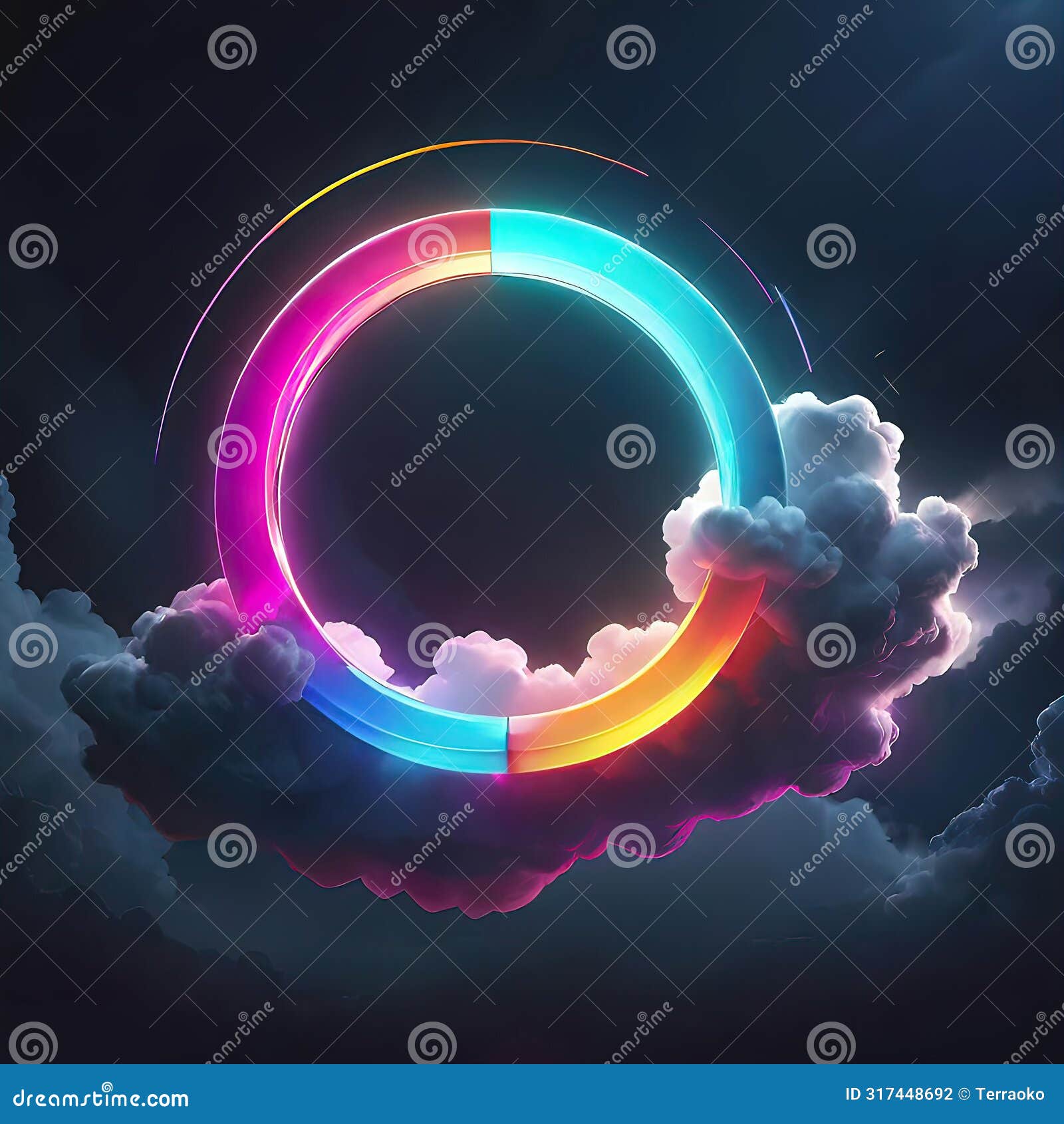 3d Render, Colorful Neon Ring Glowing Inside a Thundercloud on a Dark ...