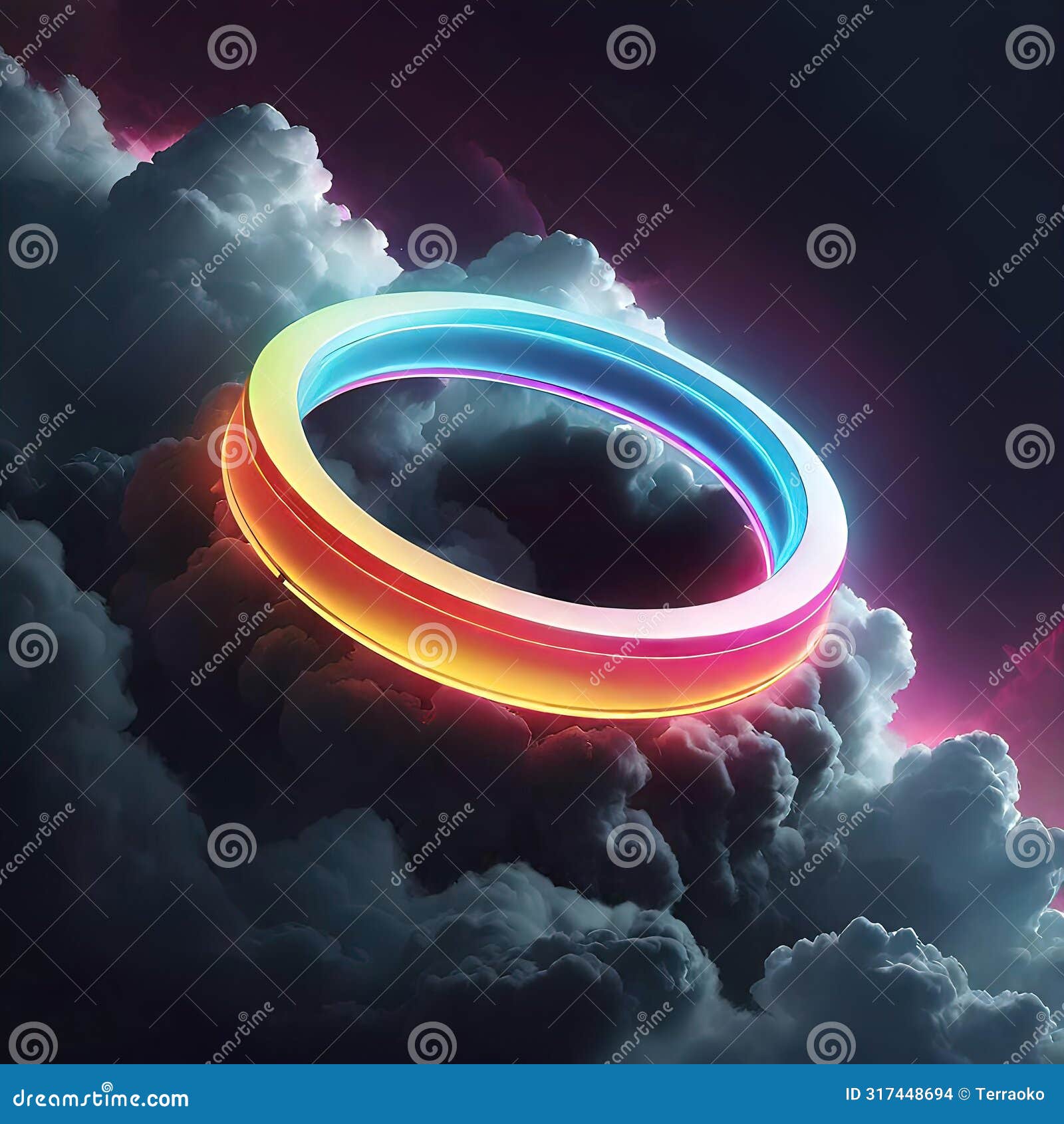 3d Render, Colorful Neon Ring Glowing Inside a Thundercloud on a Dark ...