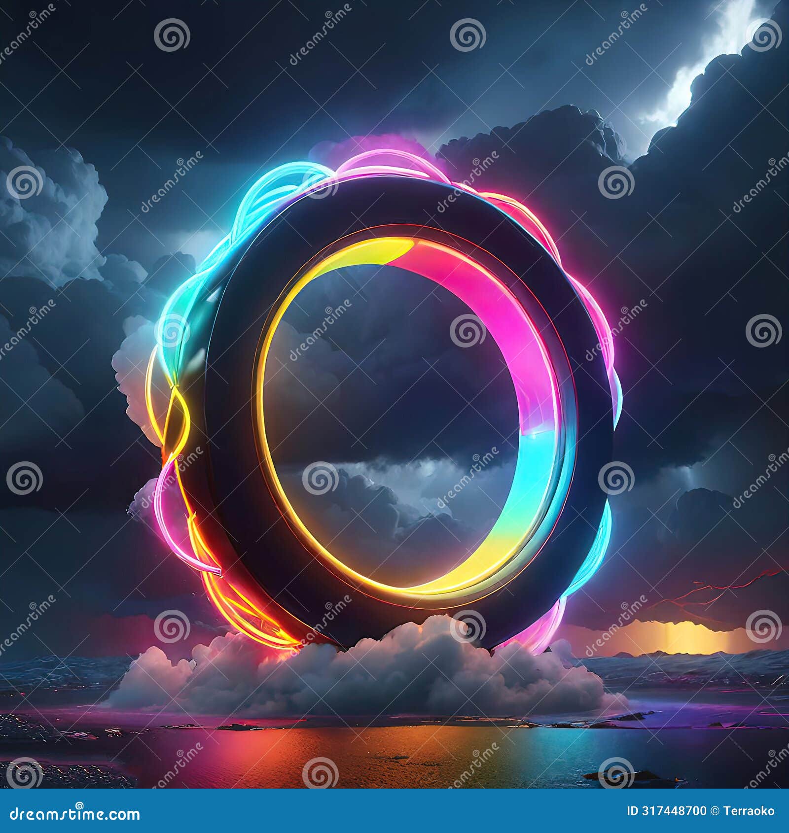 3d Render, Colorful Neon Ring Glowing Inside a Thundercloud on a Dark ...