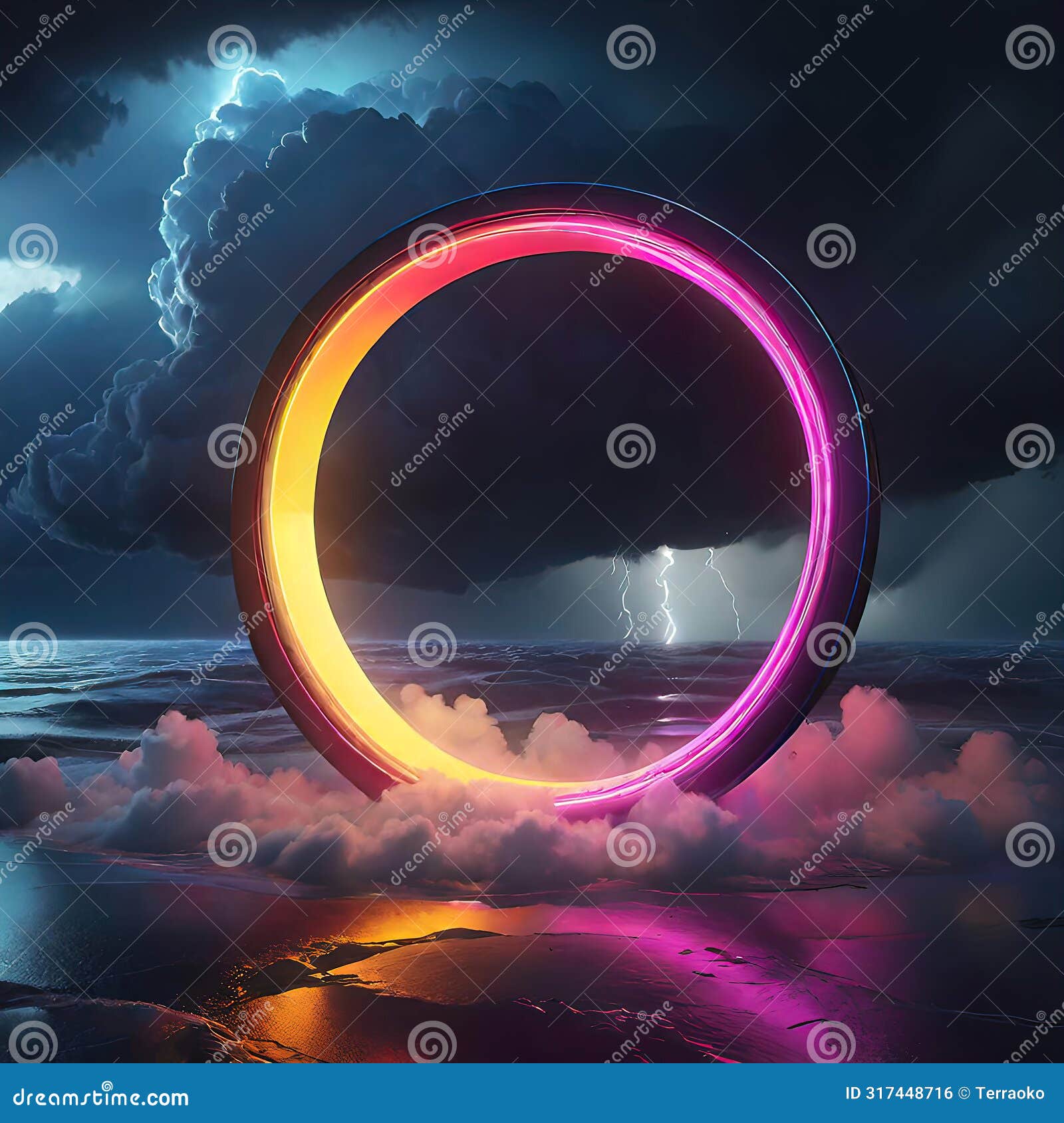 3d Render, Colorful Neon Ring Glowing Inside a Thundercloud on a Dark ...