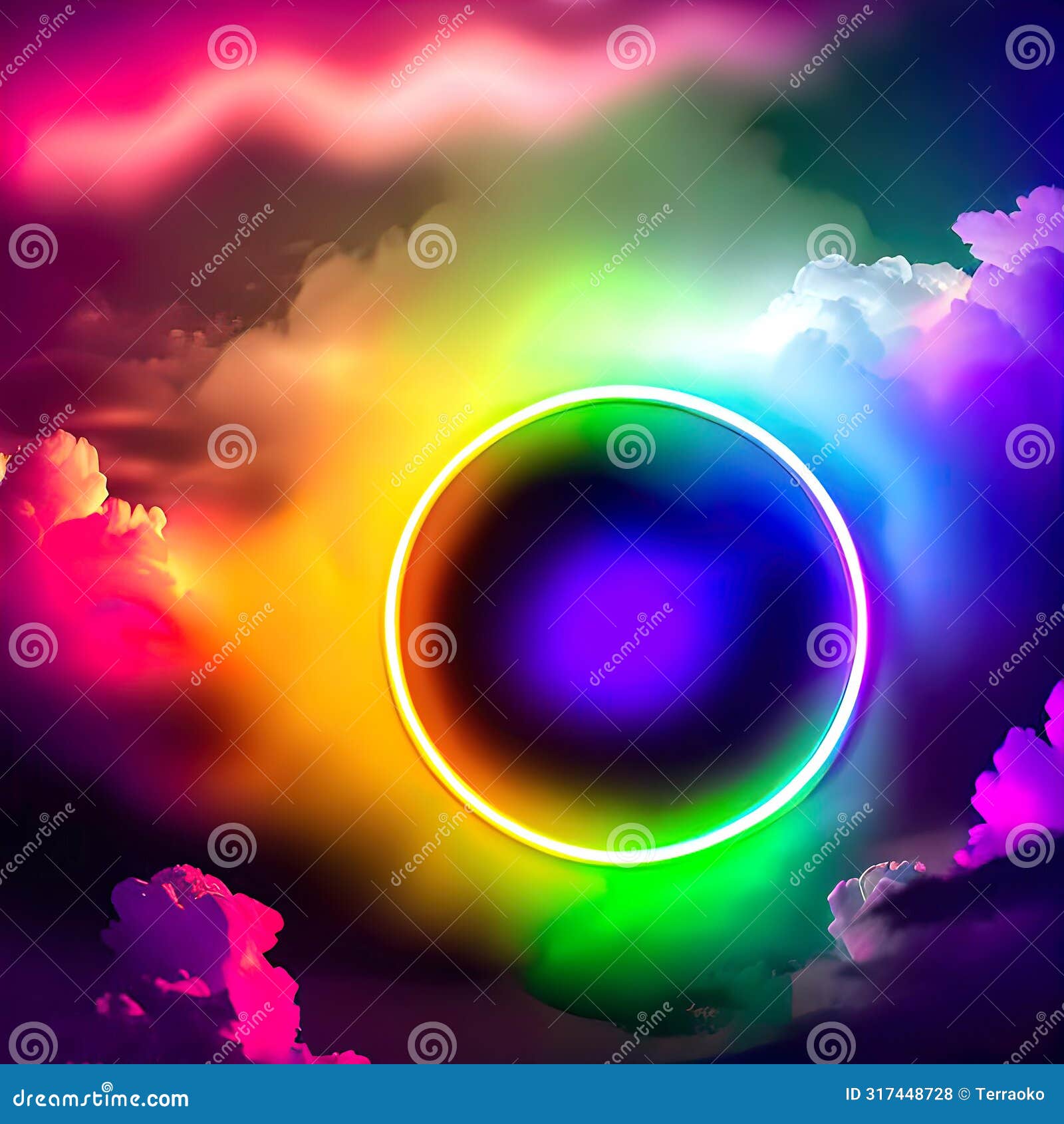 3d Render, Colorful Neon Ring Glowing Inside a Thundercloud on a Dark ...