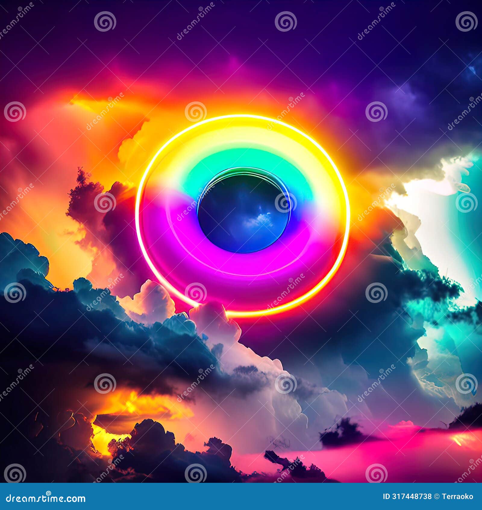 3d Render, Colorful Neon Ring Glowing Inside a Thundercloud on a Dark ...