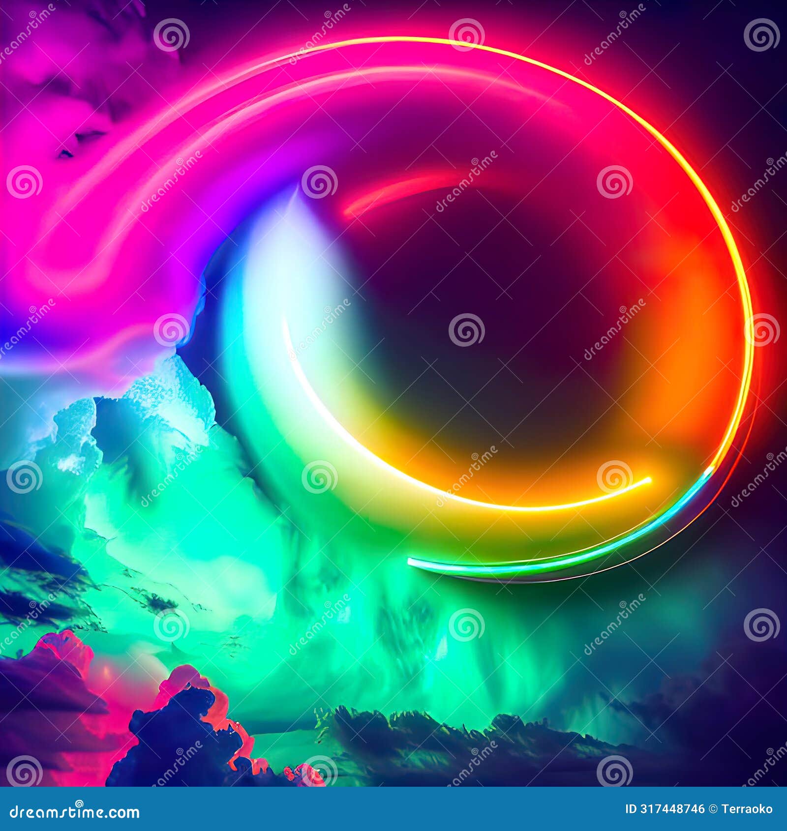 3d Render, Colorful Neon Ring Glowing Inside a Thundercloud on a Dark ...