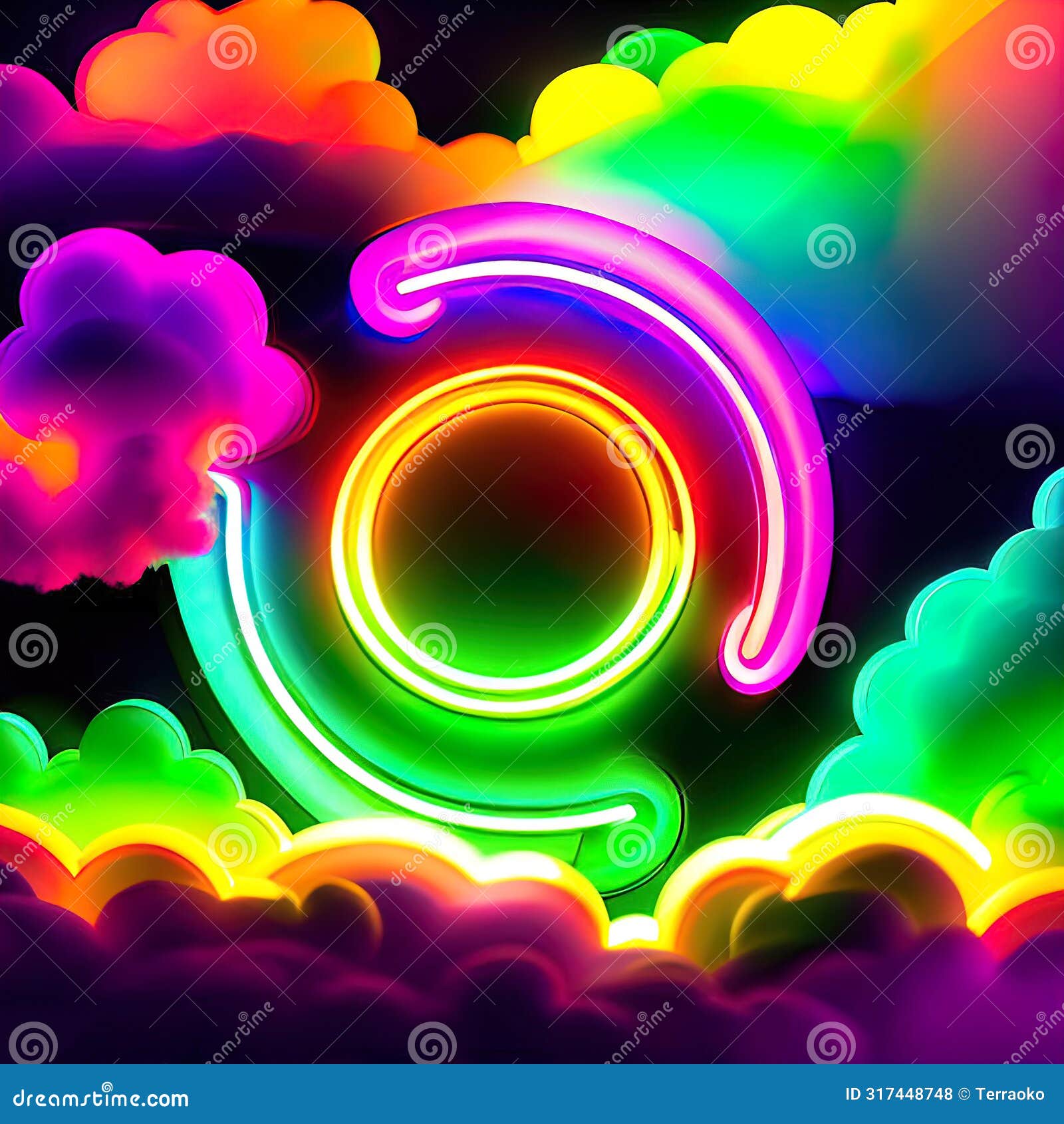 3d Render, Colorful Neon Ring Glowing Inside a Thundercloud on a Dark ...