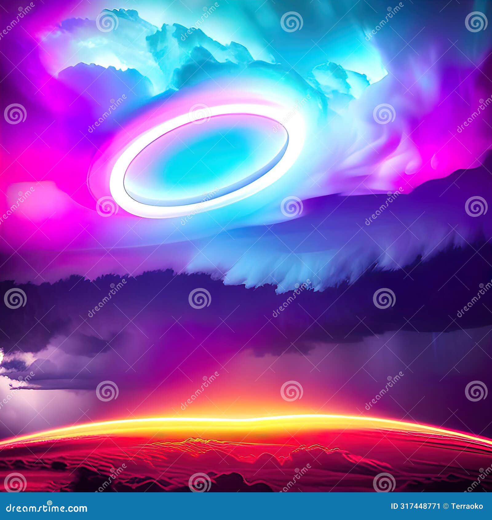3d Render, Colorful Neon Ring Glowing Inside a Thundercloud on a Dark ...