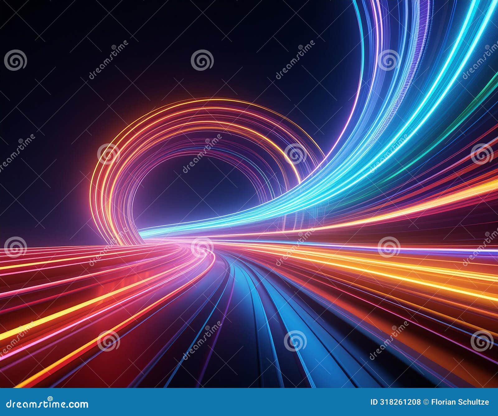 3D Render, Colorful Speed Neon Light Trail on Dark Background, Abstract ...