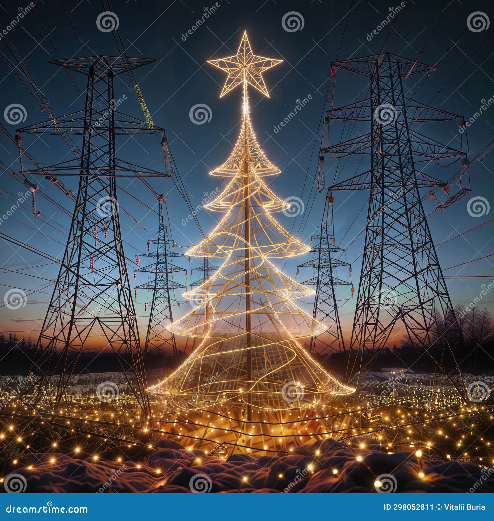 Electricity Pylons and a Christmas Tree. 3d Render, Generative Ai Stock ...