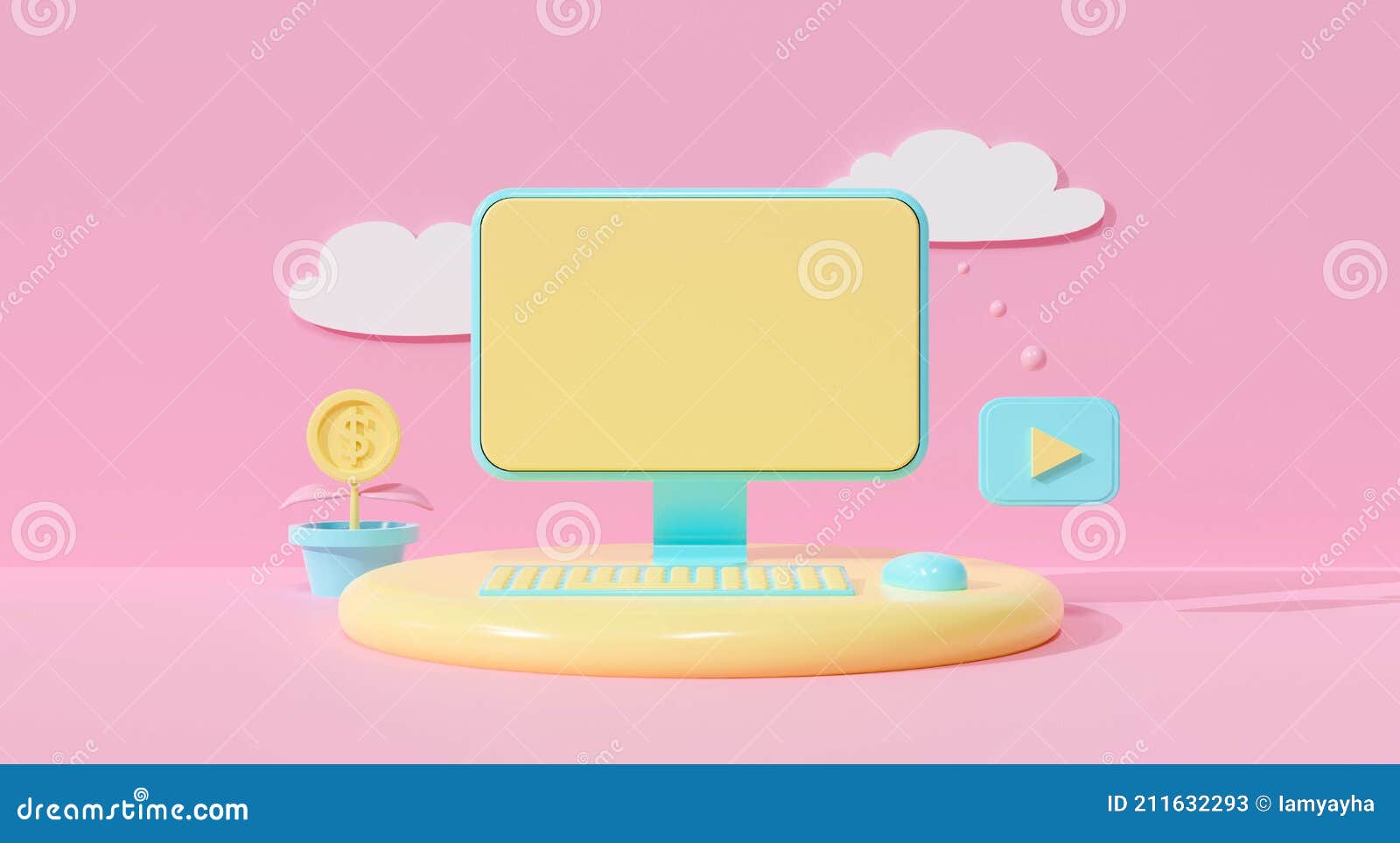 3d Render of Computer Display on Cute Pastel Background Abstract ...