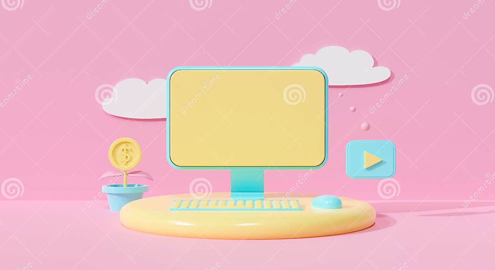 3d Render of Computer Display on Cute Pastel Background Abstract ...
