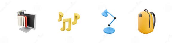 3d Render Computer, Music Notes, Light Bulb, Backbag Icon Set on White ...
