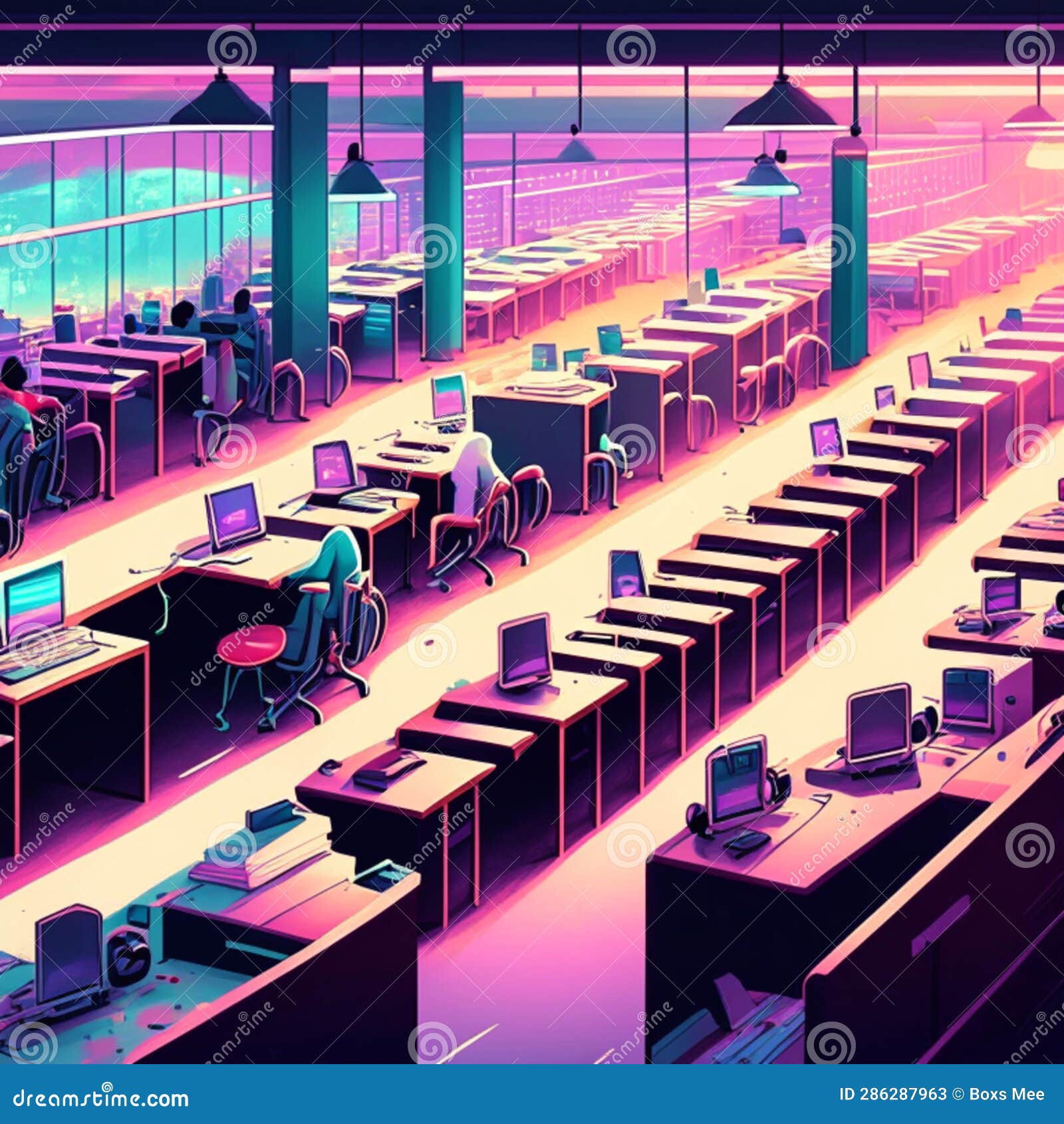 3d Render of Computer Room with Lots of Computers and People ...